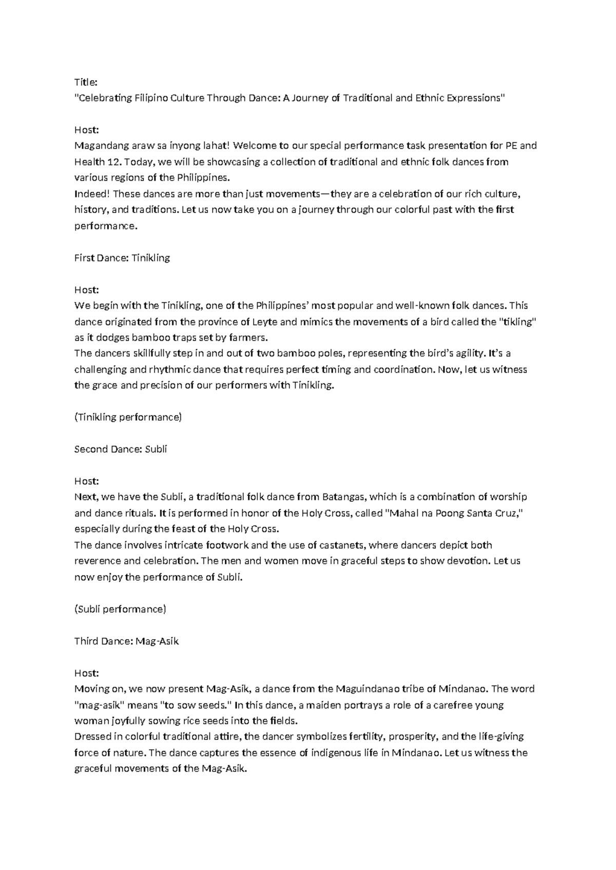 PE12 Traditional Filipino Dance Performance Script - Studocu