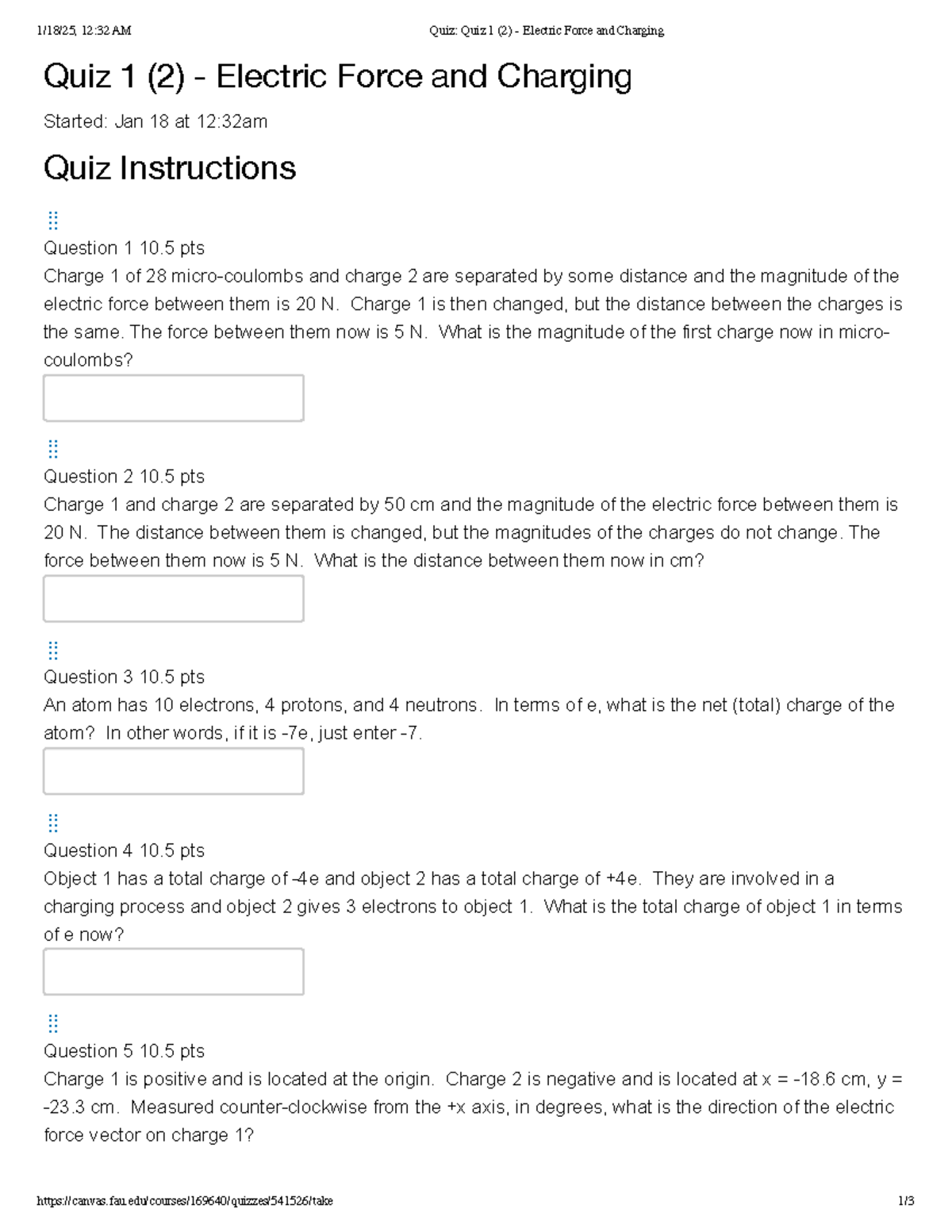 Quiz 1 (2) - Electric Force and Charging - Quiz 1 (2) - Electric Force ...