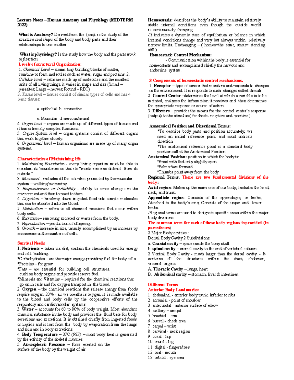 Human Anatomy & Physiology Lecture Notes – Midterm 2022 - Studocu