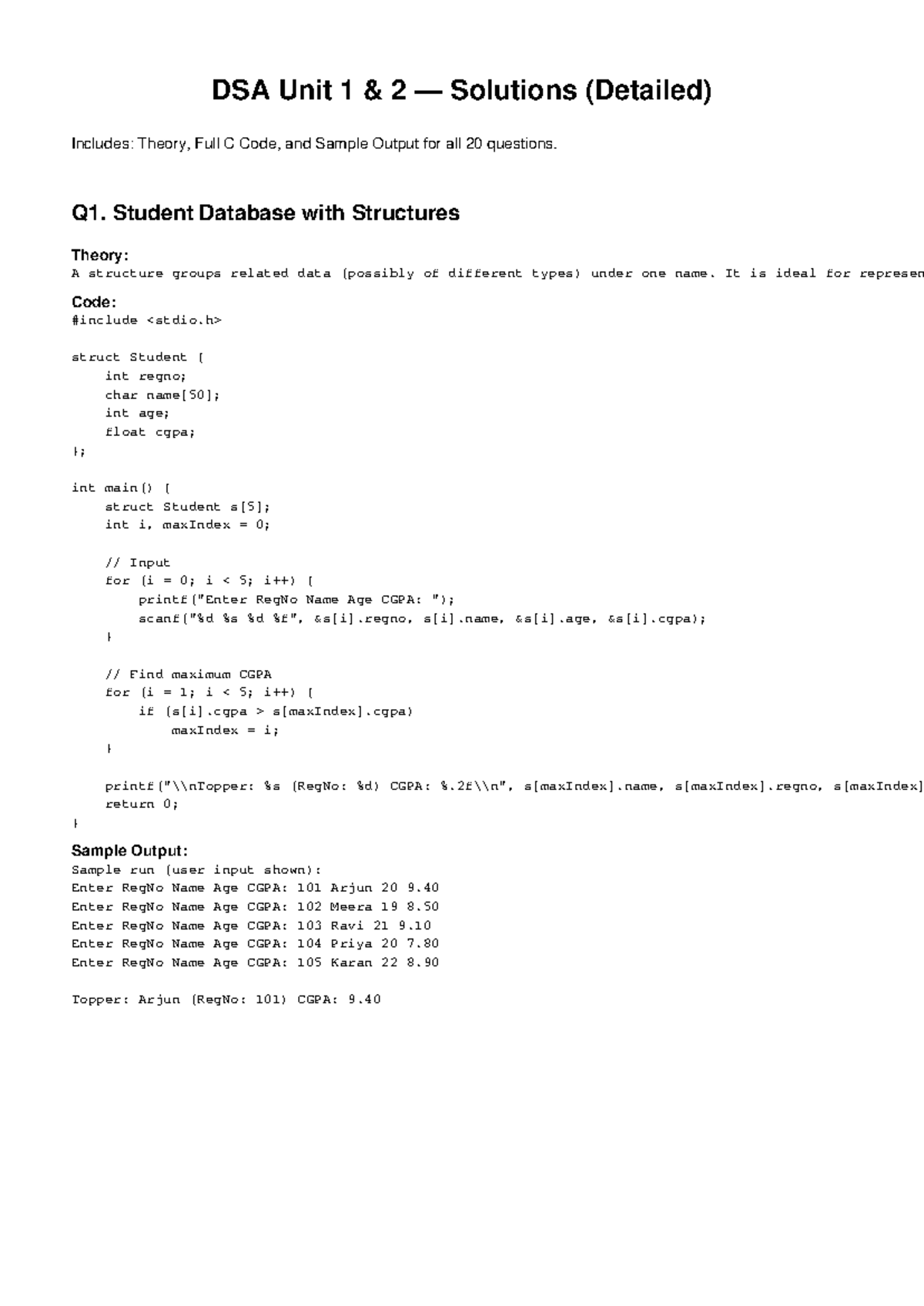 DSA Unit 1 & 2 Solutions: Theory, Code, & Outputs for 20 Questions - Studocu