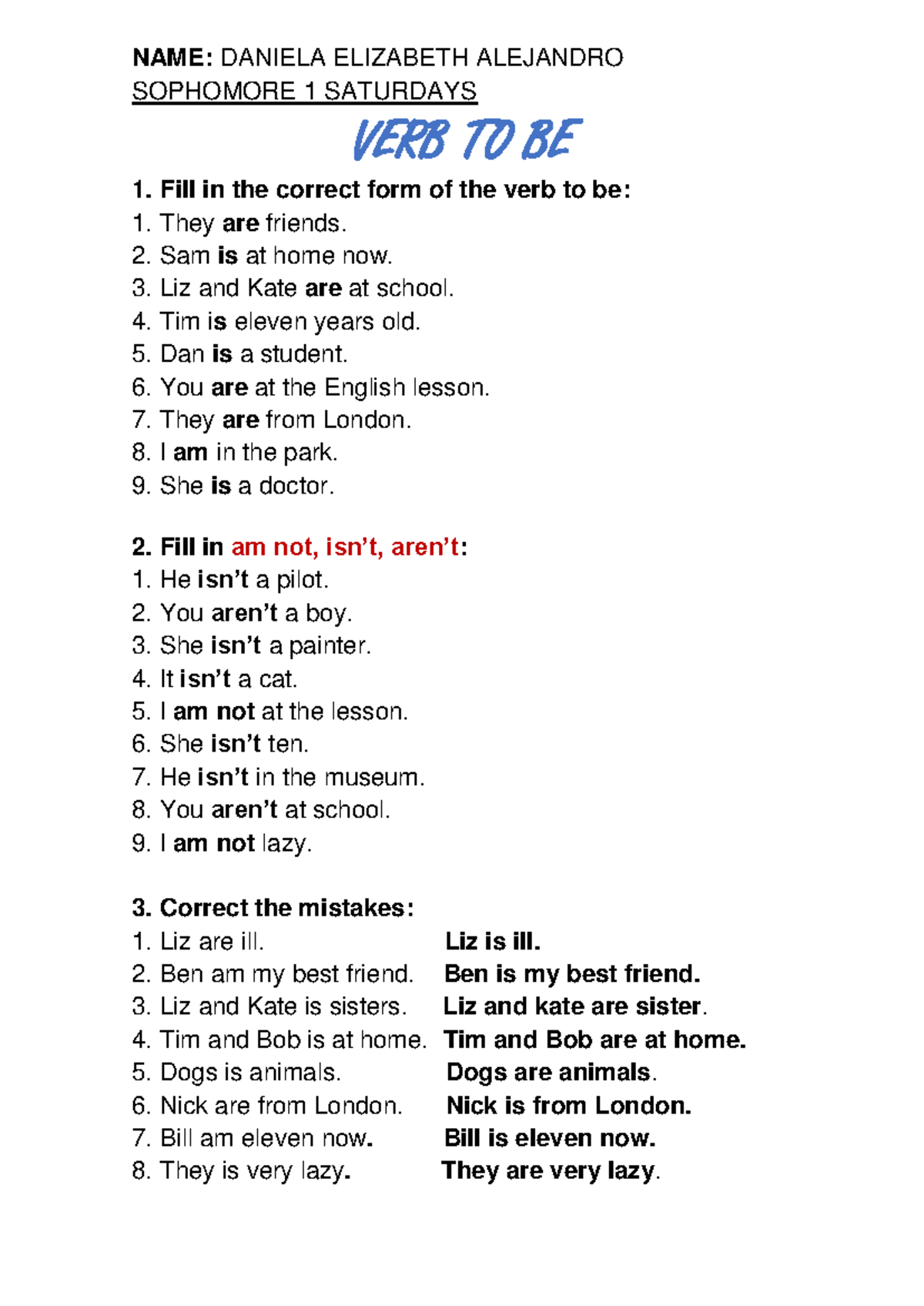 VERB TO BE Homework - idk - SOPHOMORE 1 SATURDAYS VERB TO BE Fill in ...