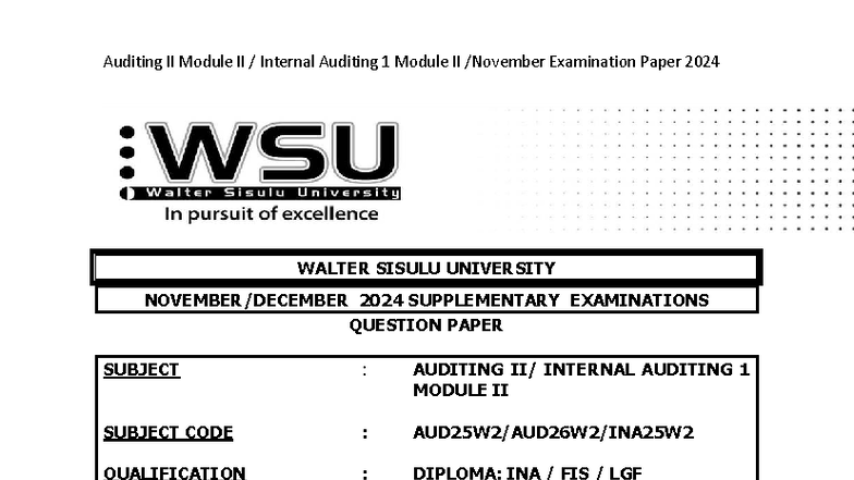 AUD25W2 Internal Auditing II Module II Supplementary Exam Paper 2024 ...