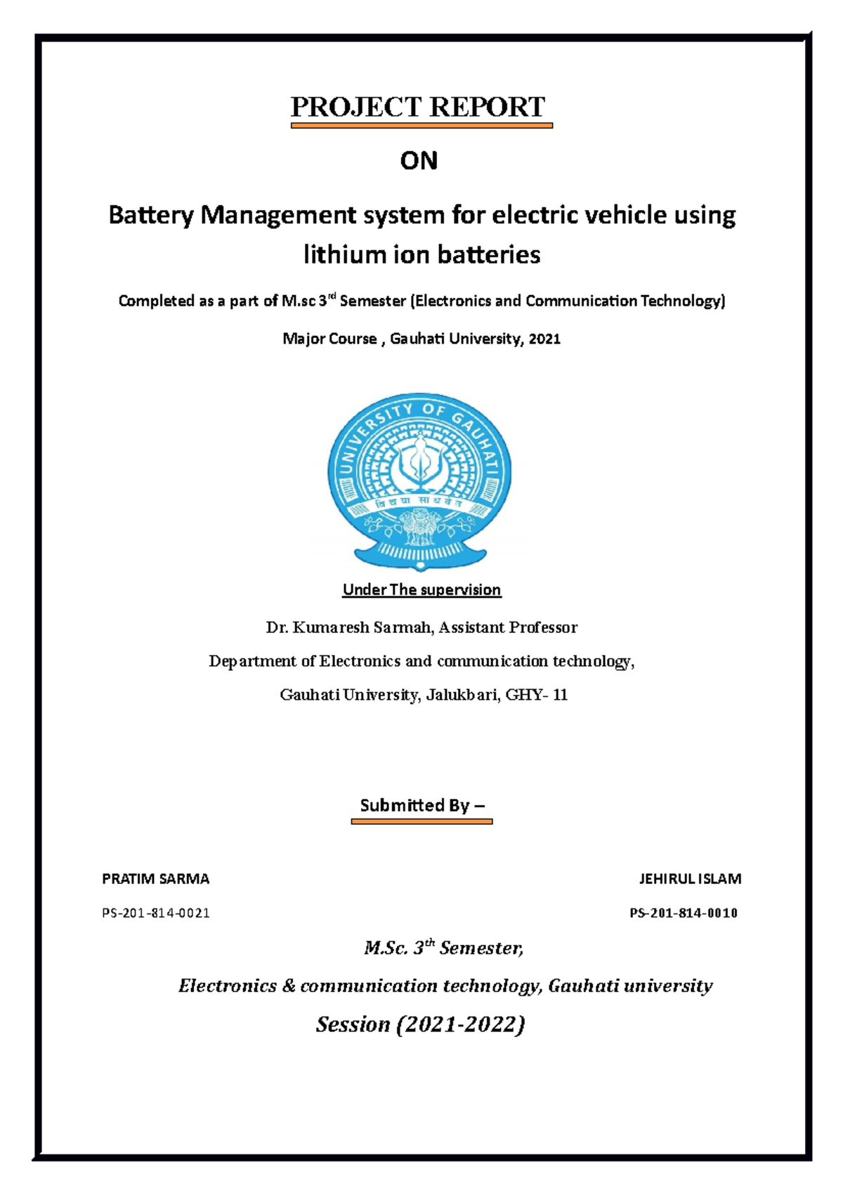 Battery Management System for EVs: M.Sc. Project Report (2021) - Studocu
