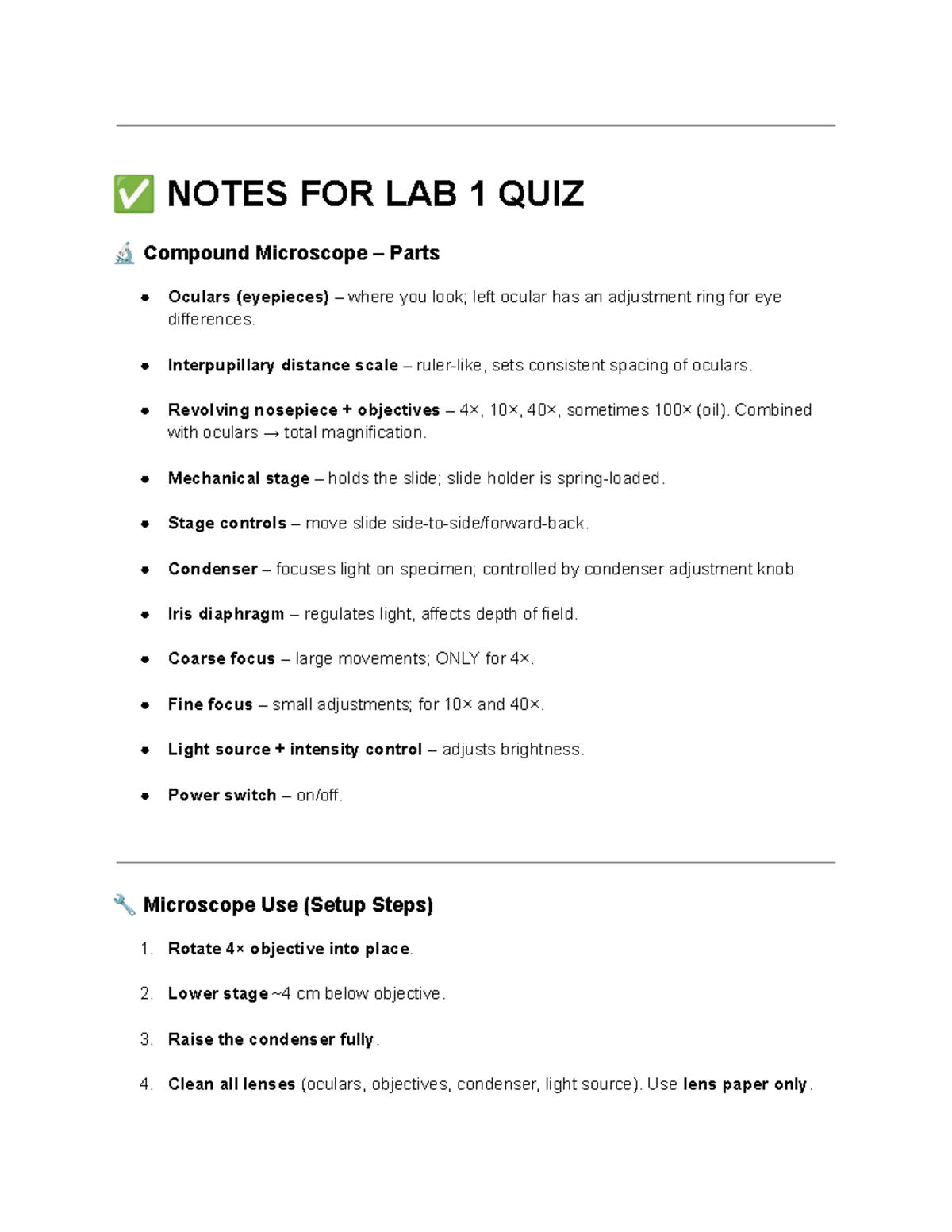 Lab 1 Quiz Notes: Compound Microscope Parts & Usage - Studocu