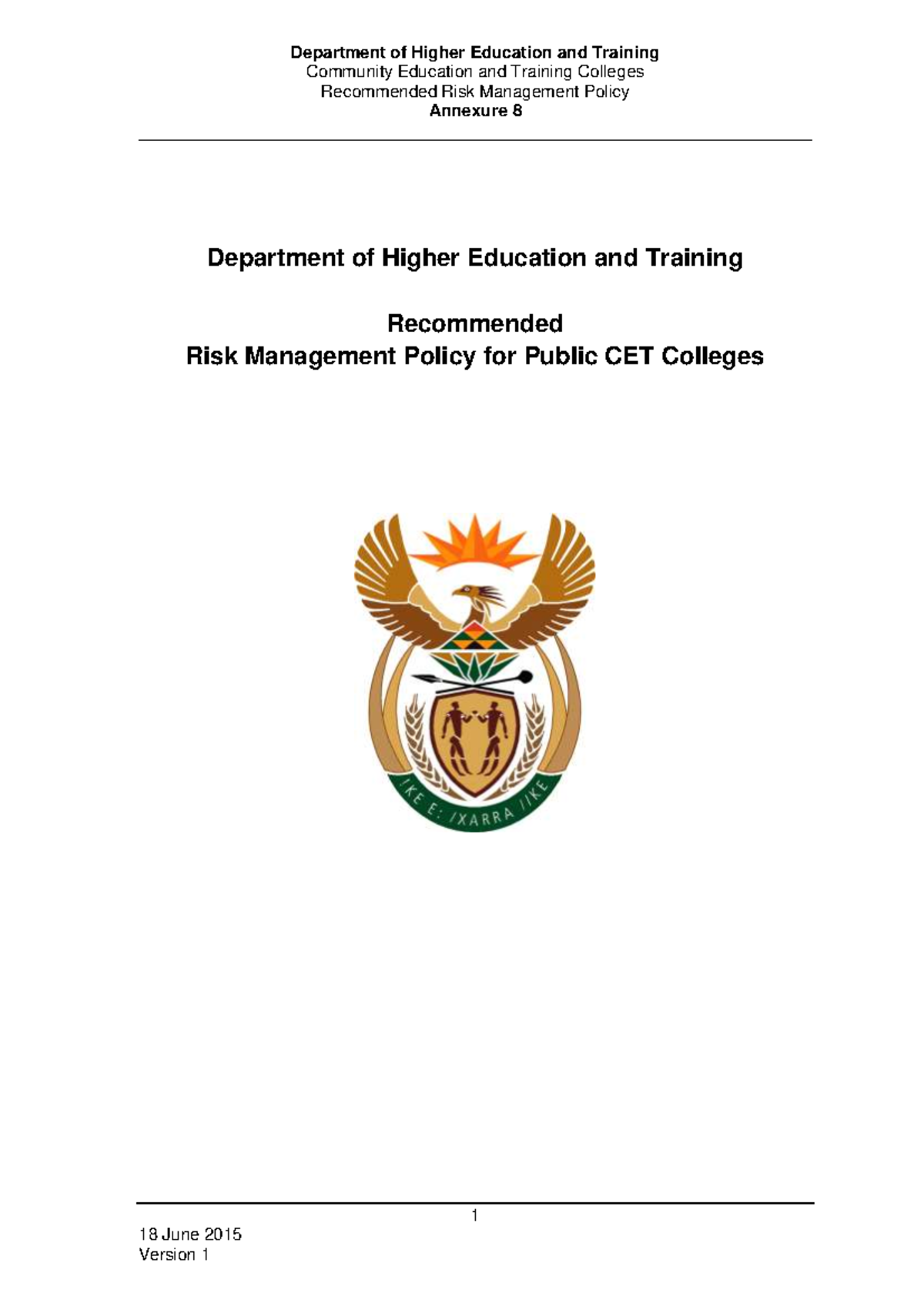 DHET CET Colleges Recommended Risk Management Policy (Final Version ...