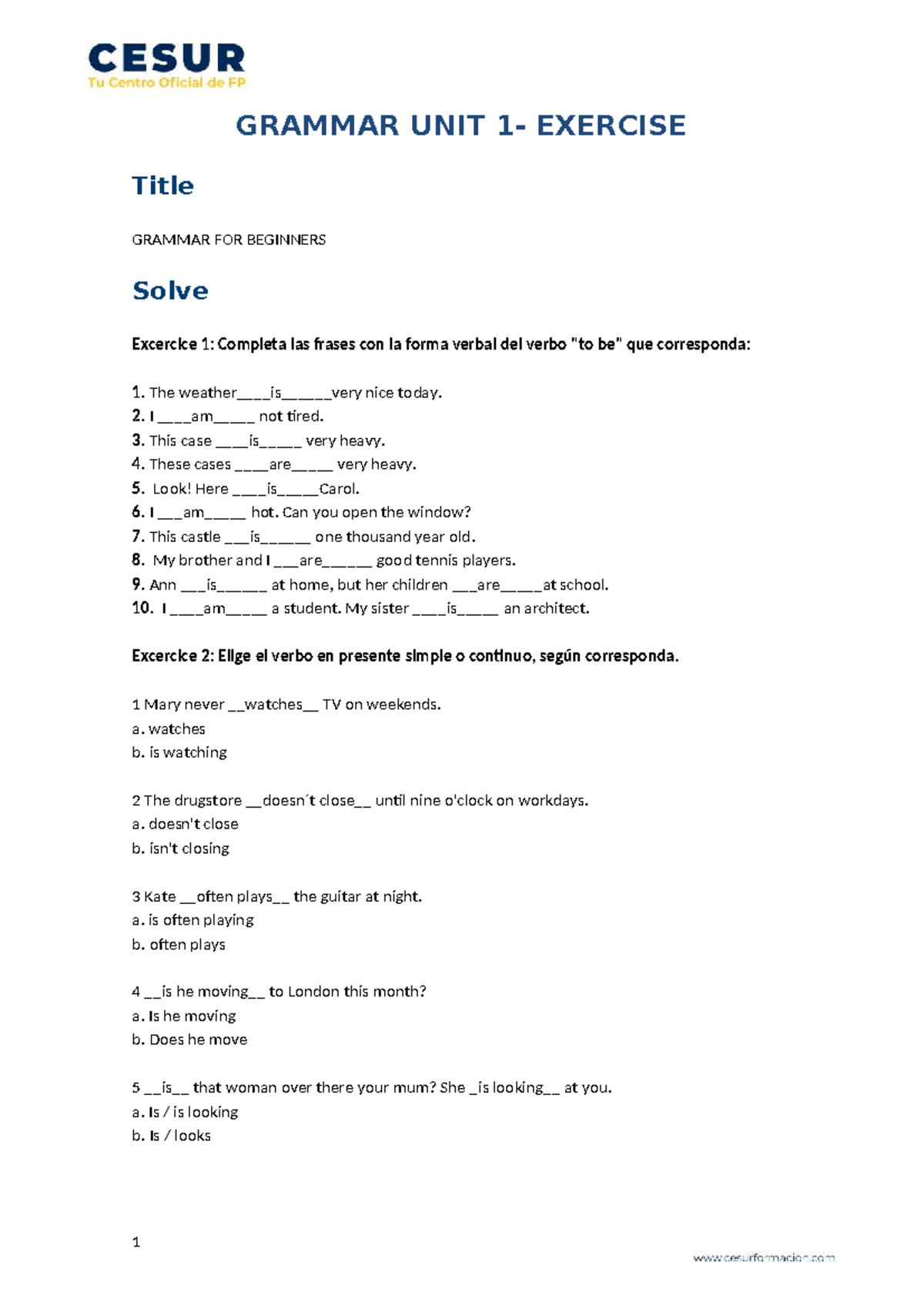 GRAMMAR 1 - UNIT 1 EXERCISES FOR BEGINNERS - Studocu