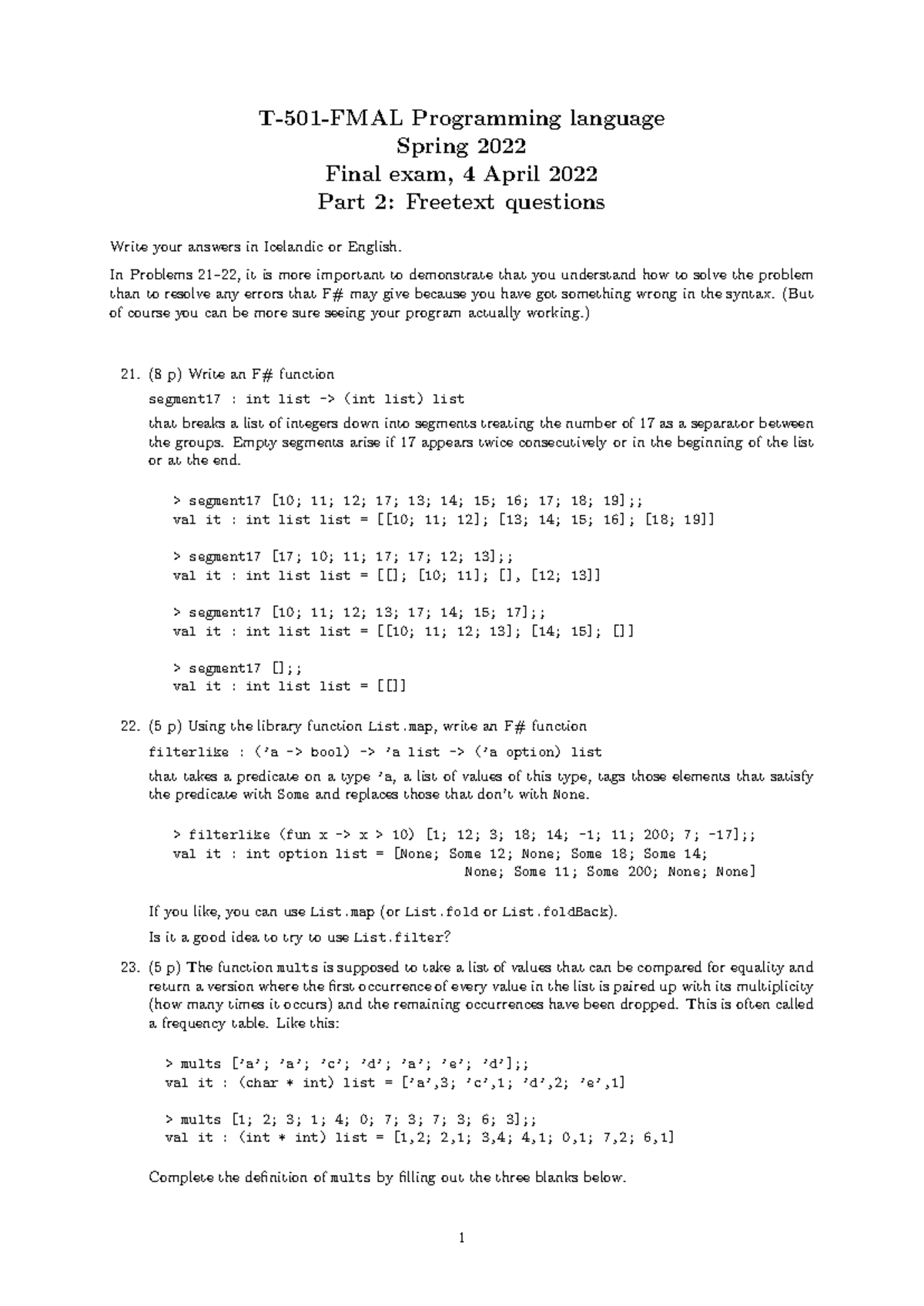 T-501-FMAL Final Exam Solutions and F# Function Questions - Studocu