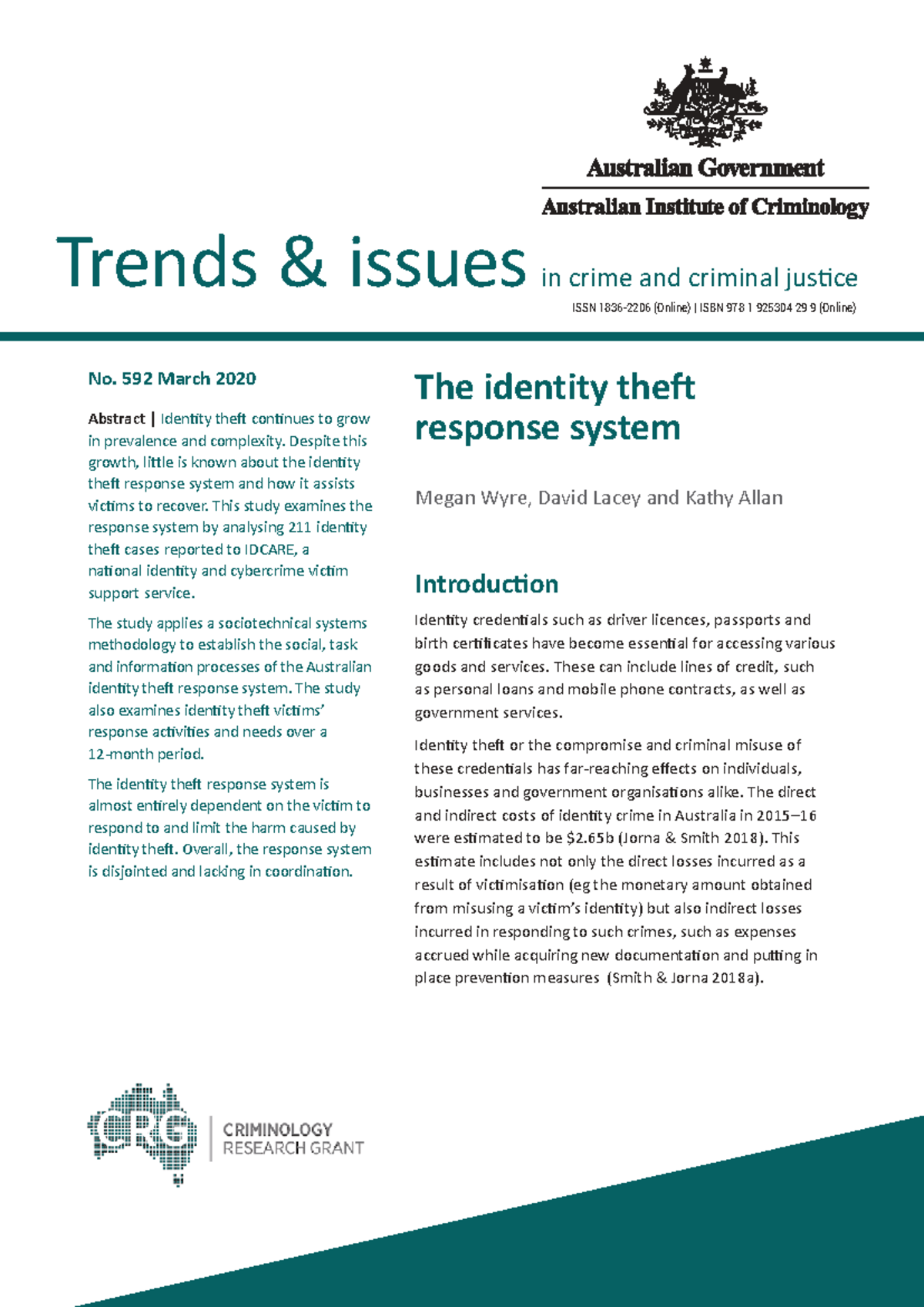 Identity Theft Response System Analysis: Trends & Issues No. 592 - Studocu