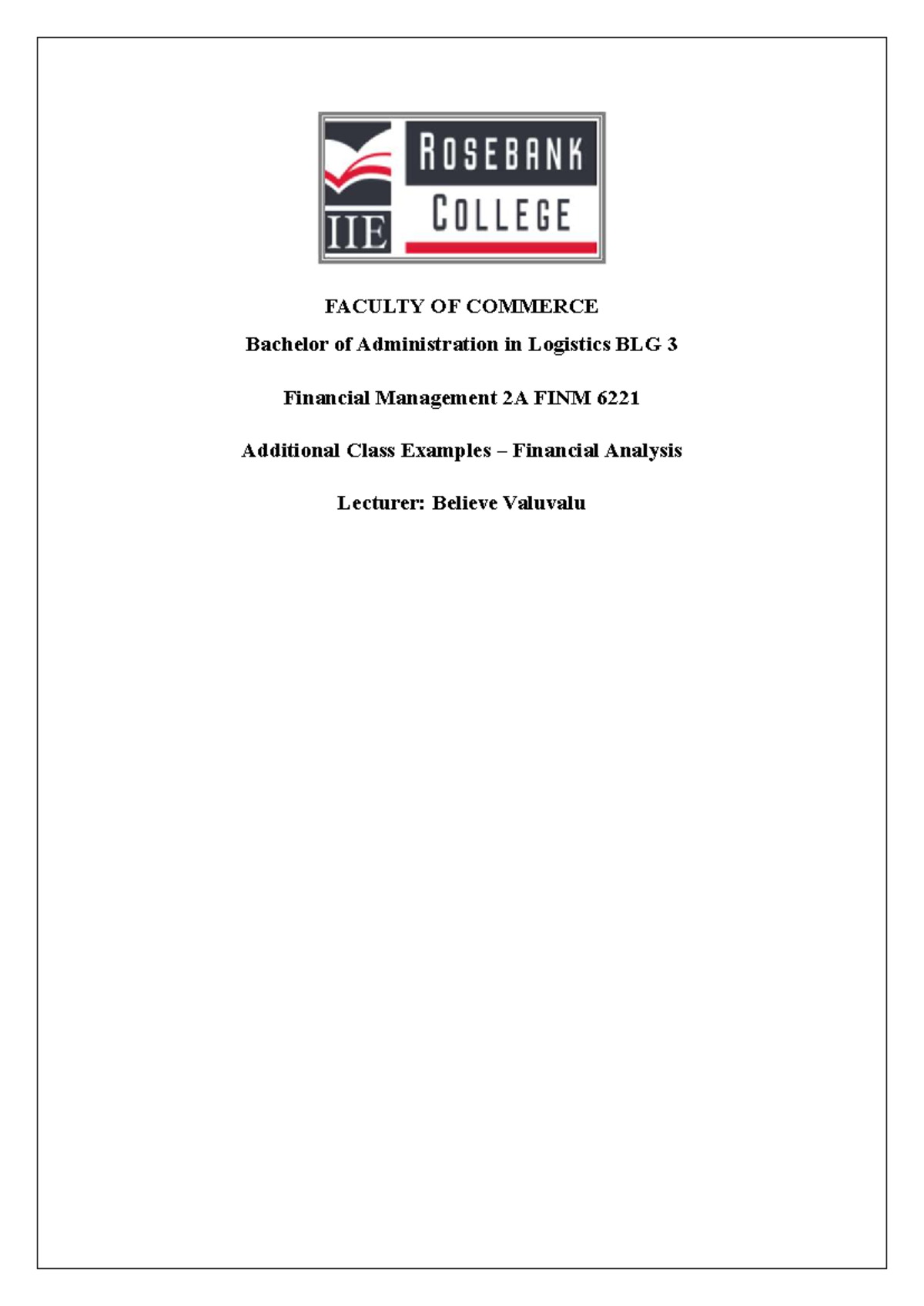 FINM 6221 Financial Analysis Ratio 333 - FACULTY OF COMMERCE Bachelor ...