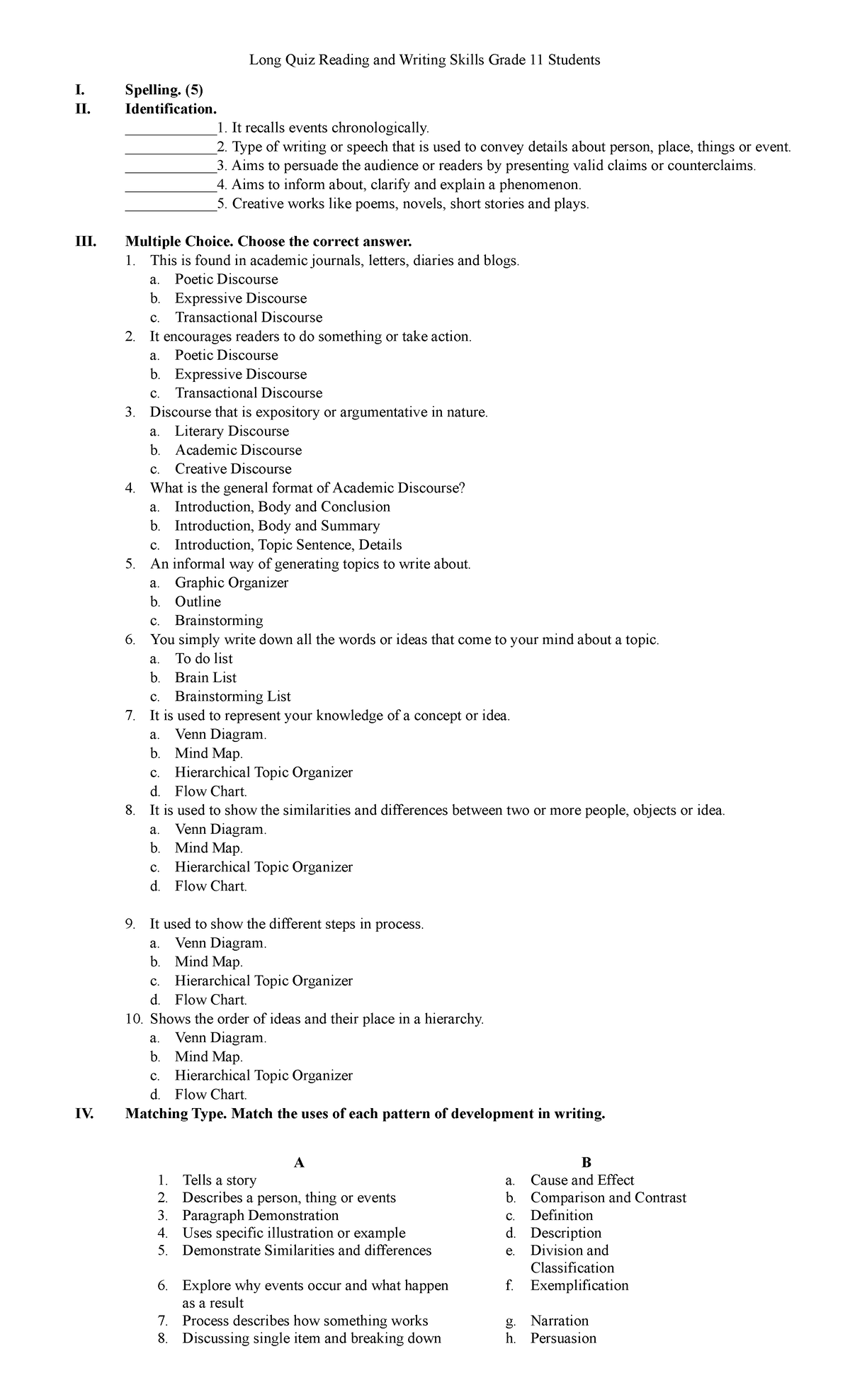 Long Quiz: Reading & Writing Skills for Grade 11 Students - Studocu