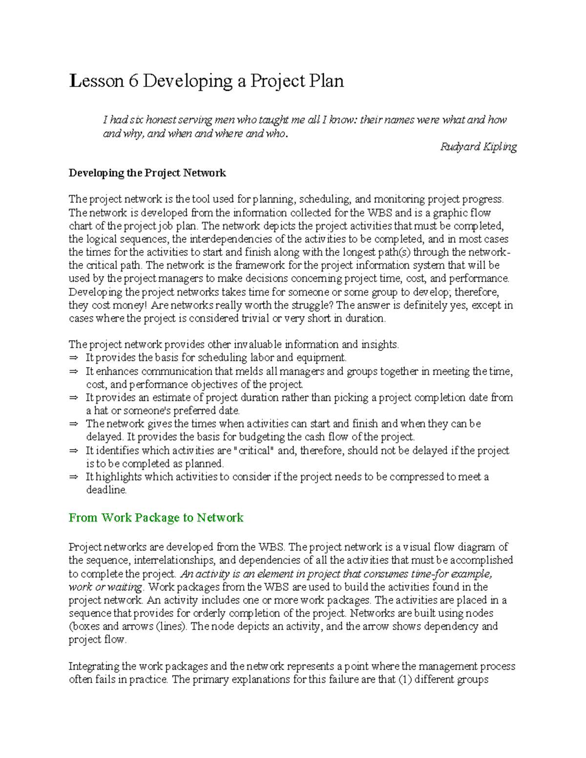 Lesson 6: Developing a Project Plan for Effective Network Management ...
