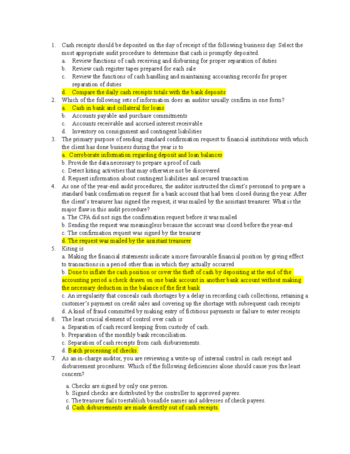 Auditing Quiz - Cash and Cash Equivalents - Cash receipts should be ...
