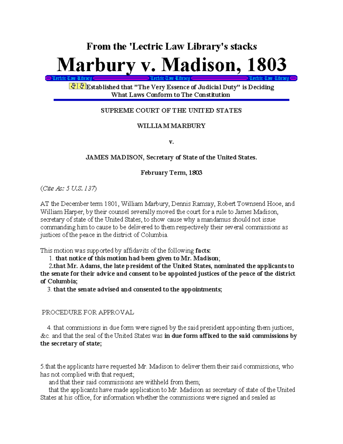 Marbury v madison the actual case - From the 'Lectric Law Library's ...