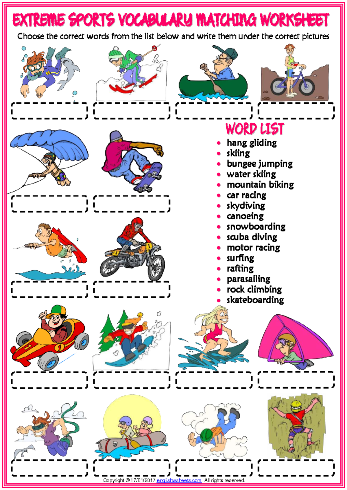 Extreme sports vocabulary esl matching exercise worksheet for kids - W ...