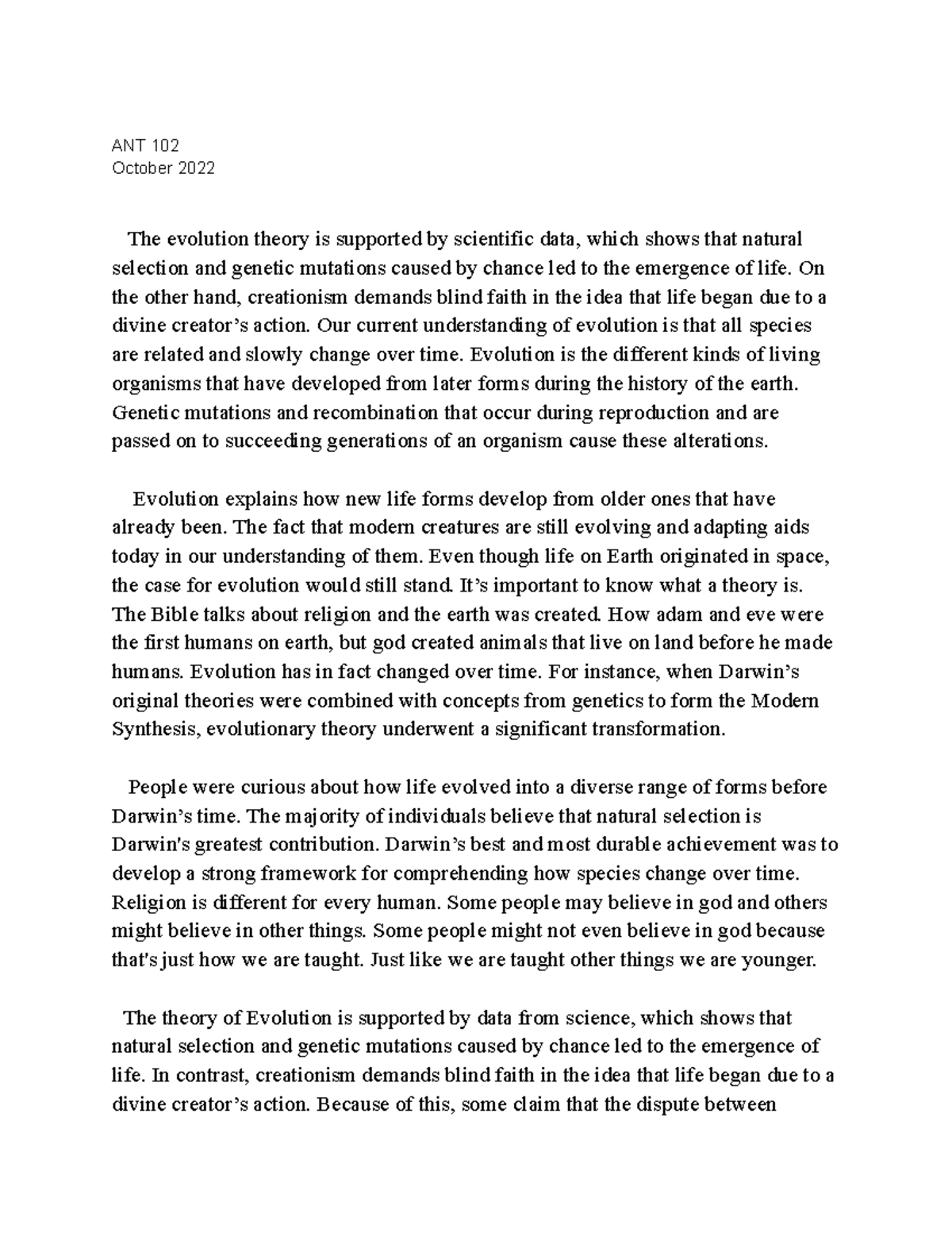 ANT102 - Google Docs - ant essay - ANT 102 October 2022 The evolution ...
