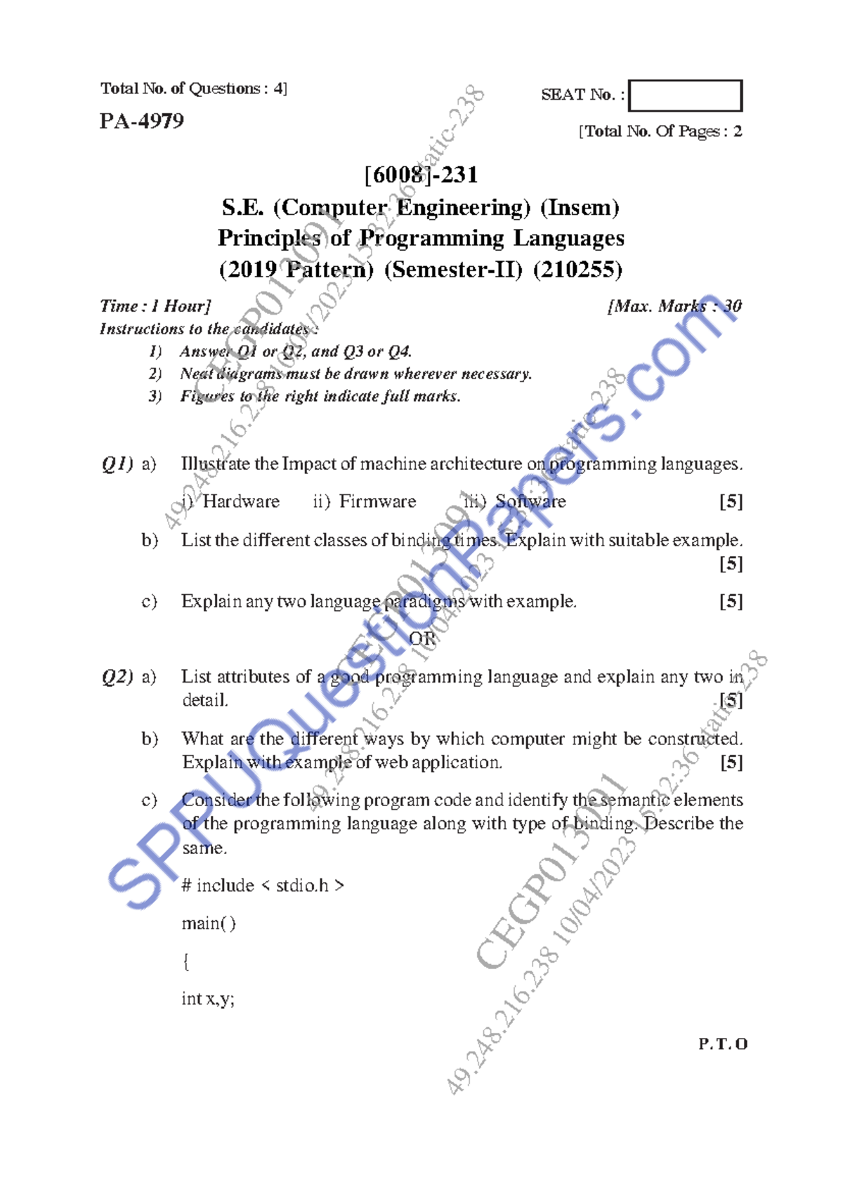 Computer Engineering S.E. (Semester-4) PPL Exam Paper - Feb 2023 - Studocu