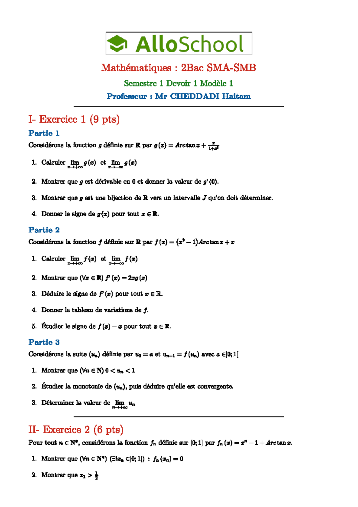Maths 2bac SM Semestre 1 Devoir 1 Modèle 1 Analysis - Studocu
