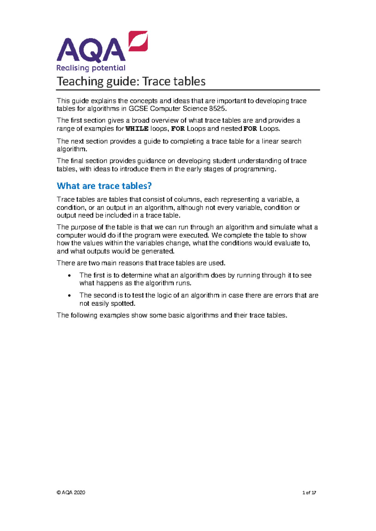 AQA 8525 Teaching Guide: Understanding Trace Tables - Studocu