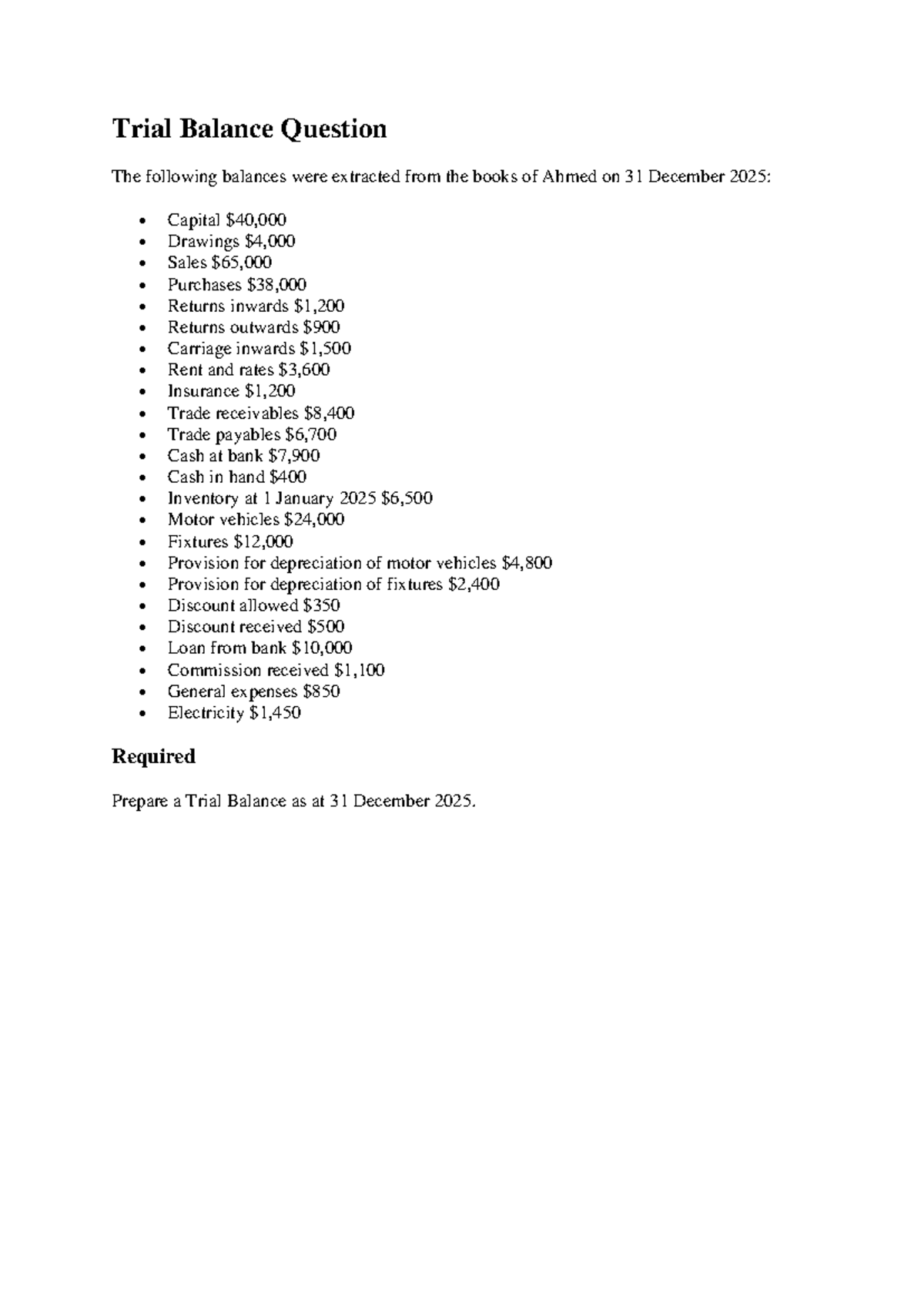 Trial Balance Question - Studocu
