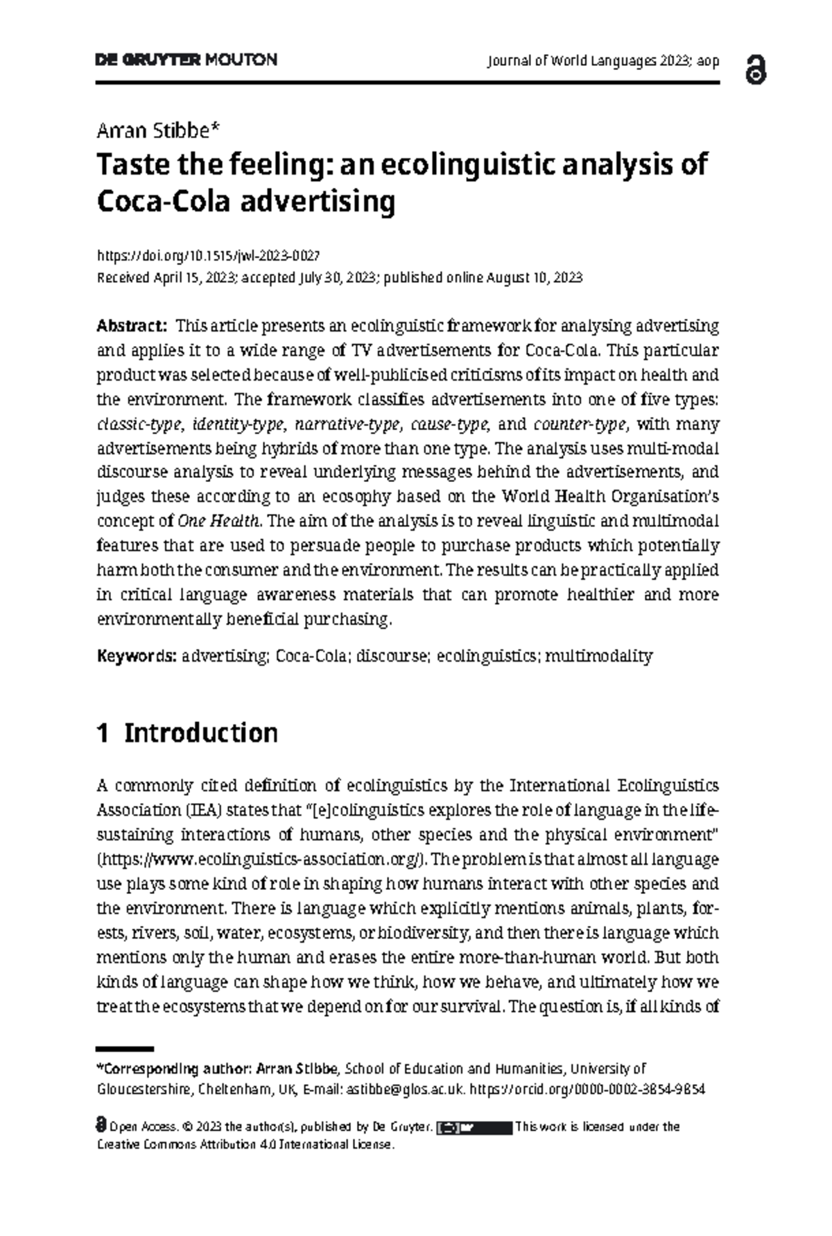 10 - Summary Marketing - Arran Stibbe* Taste the feeling: an ...