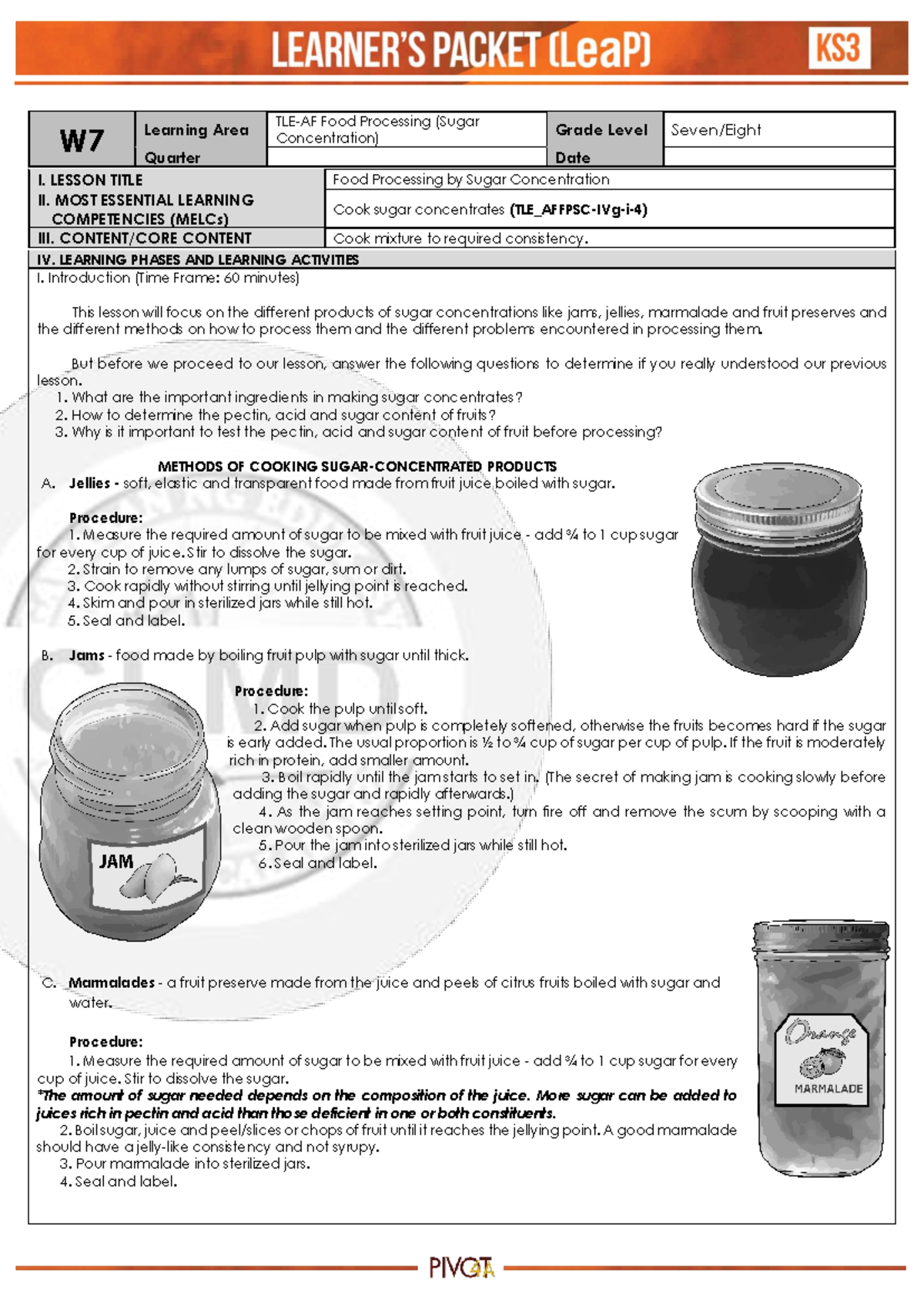 AFA TLE-AF Food Processing Lesson: Sugar Concentration Techniques - Studocu