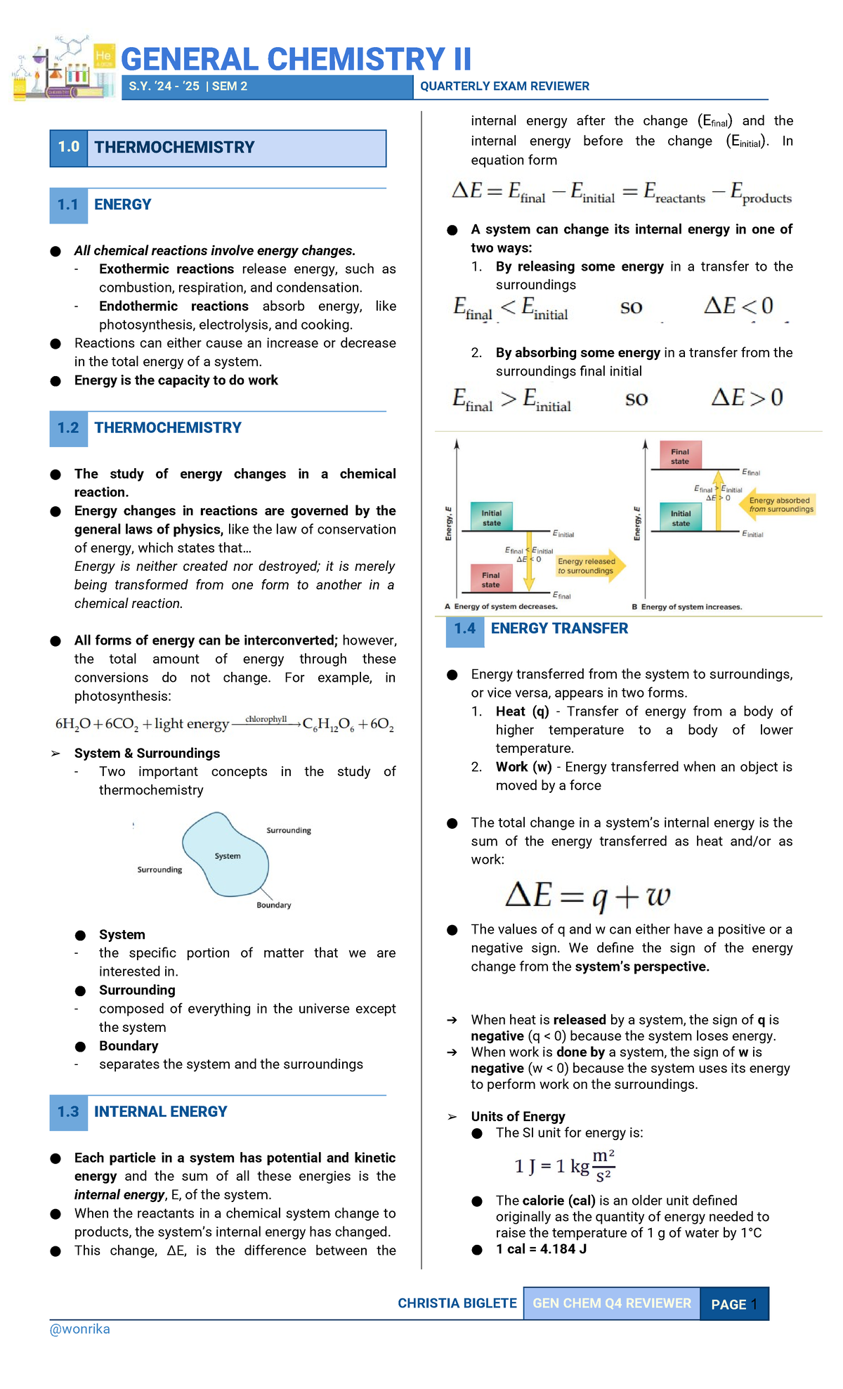 GENERAL CHEMISTRY II S.Y. SEM 2 THERMOCHEMISTRY QUARTERLY EXAM REVIEWER ...