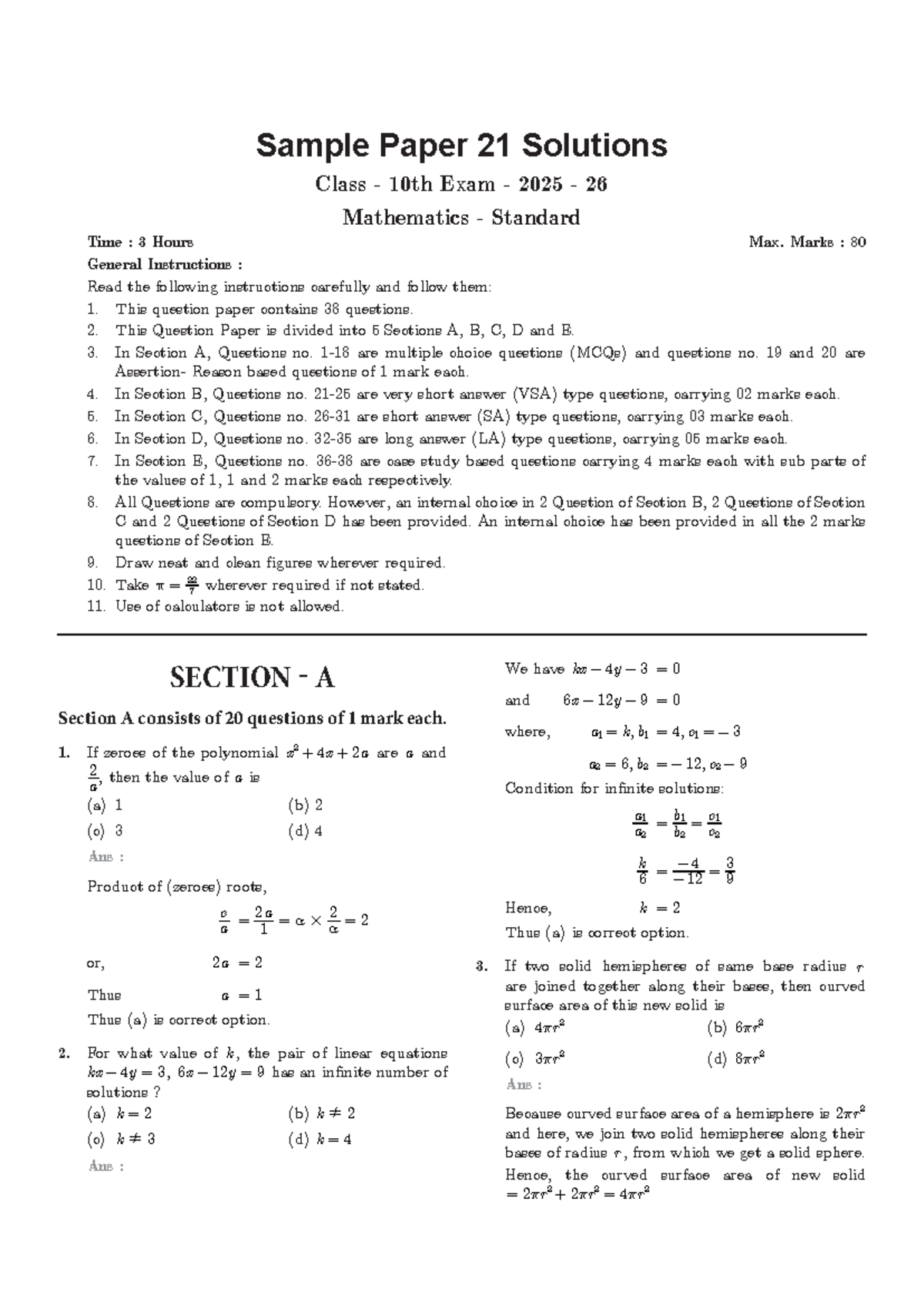 Nodia Class 10 Maths Sample Paper 21 Solutions 2025-26 - Studocu