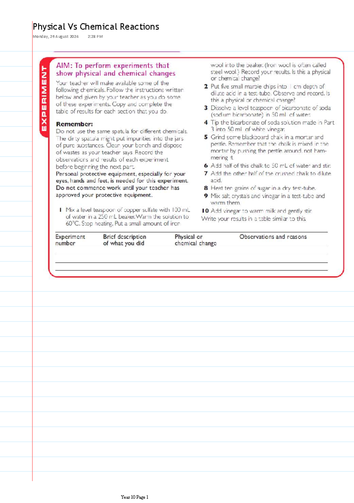 Physical Vs Chemical Reactions - EDUF1018 - Physical Vs Chemical ...