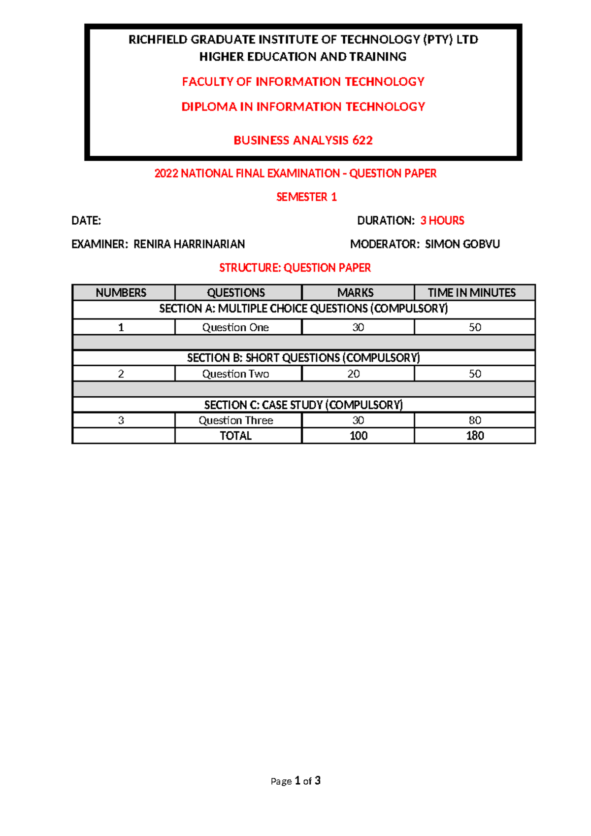 Business Analysis 622 National Final Exam Question Paper 2022 - Studocu