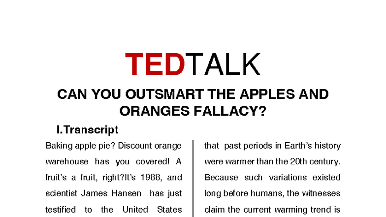 TEDTALK: Can You Outsmart the Apples and Oranges Fallacy? - Studocu