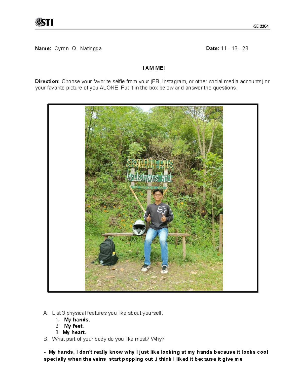 GE 2204: Self-Reflection Worksheet on Personal Features and Preferences - Studocu