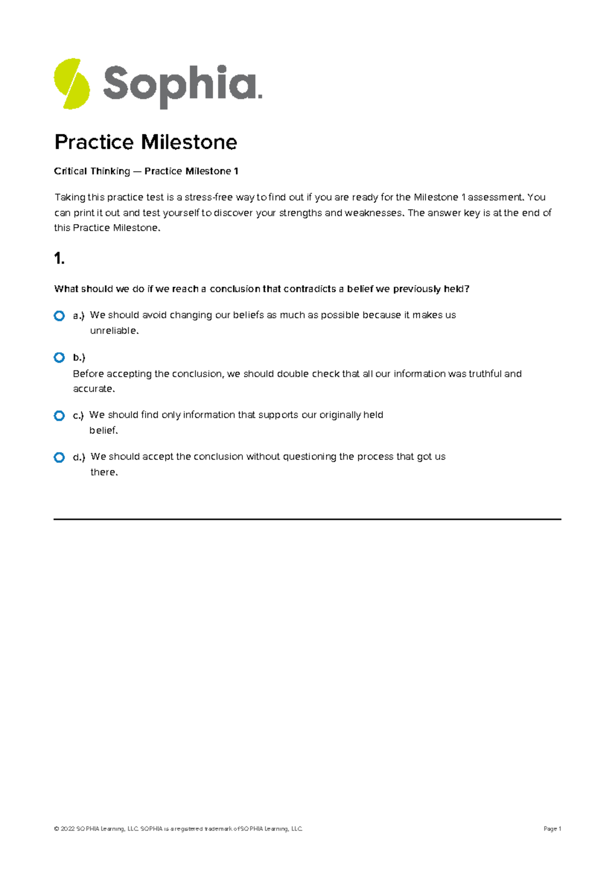 Unit 1 - Practice Milestone 1: Critical Thinking Skills Assessment ...