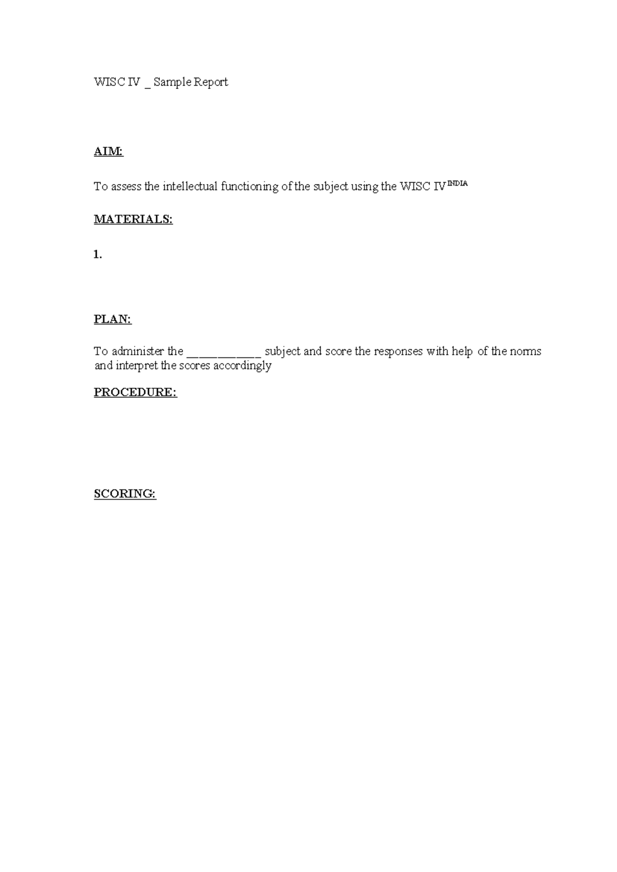 WISC IV Sample Report: Intellectual Assessment & Findings - Studocu