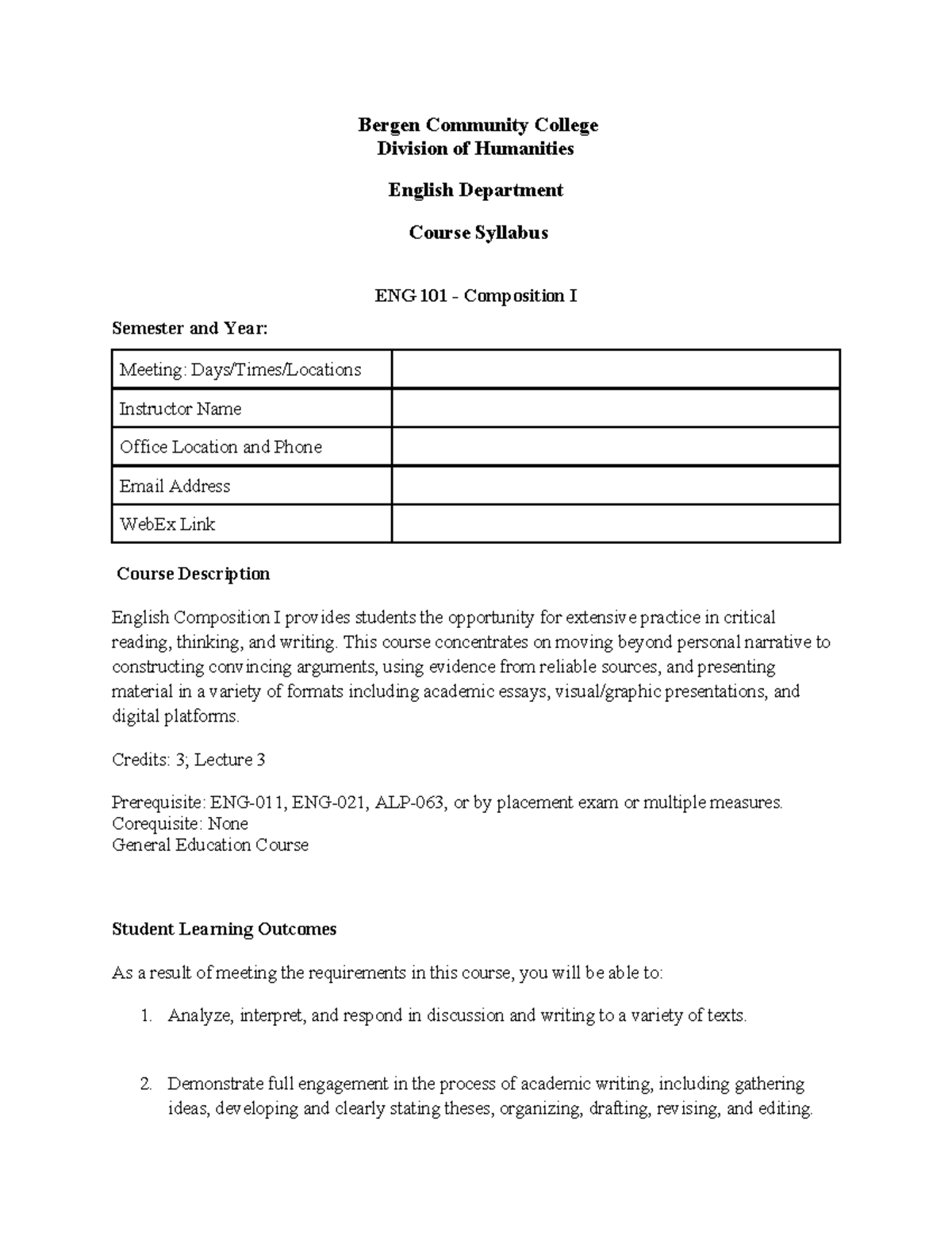 ENG-101 Syllabus - Bergen Community College Division of Humanities ...