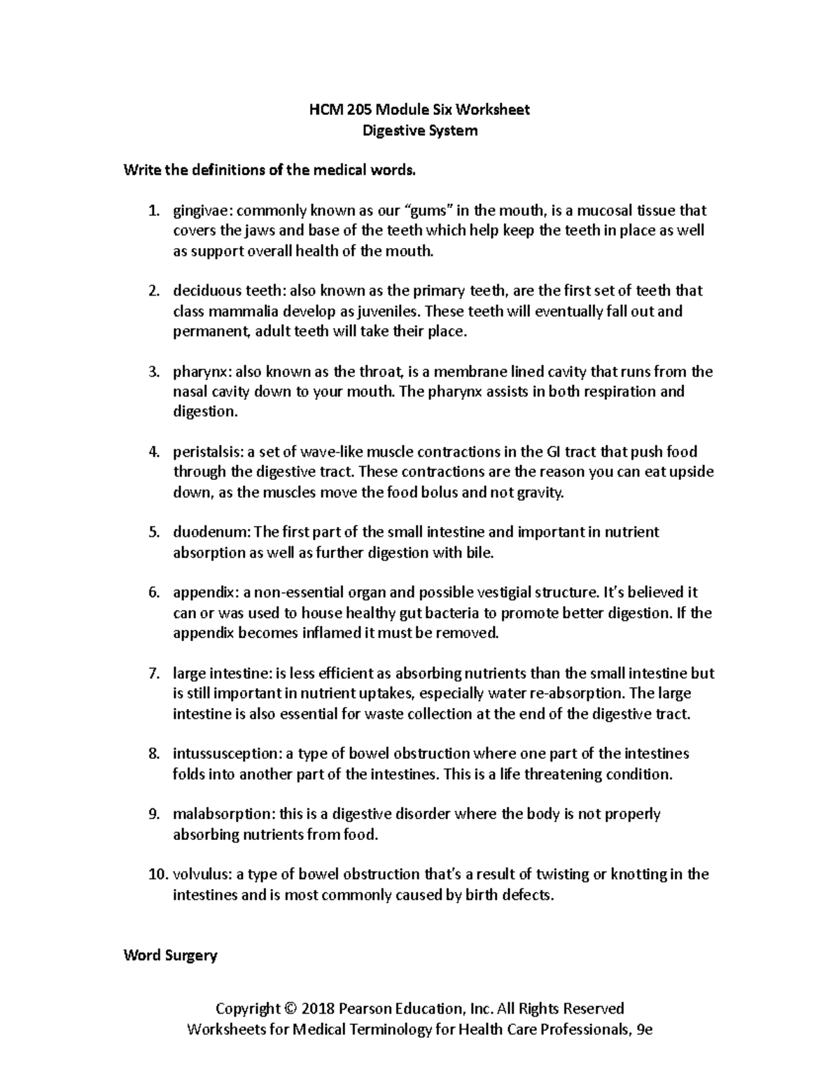 HCM 205 Digestive System Vocabulary and Definitions Worksheet - Studocu