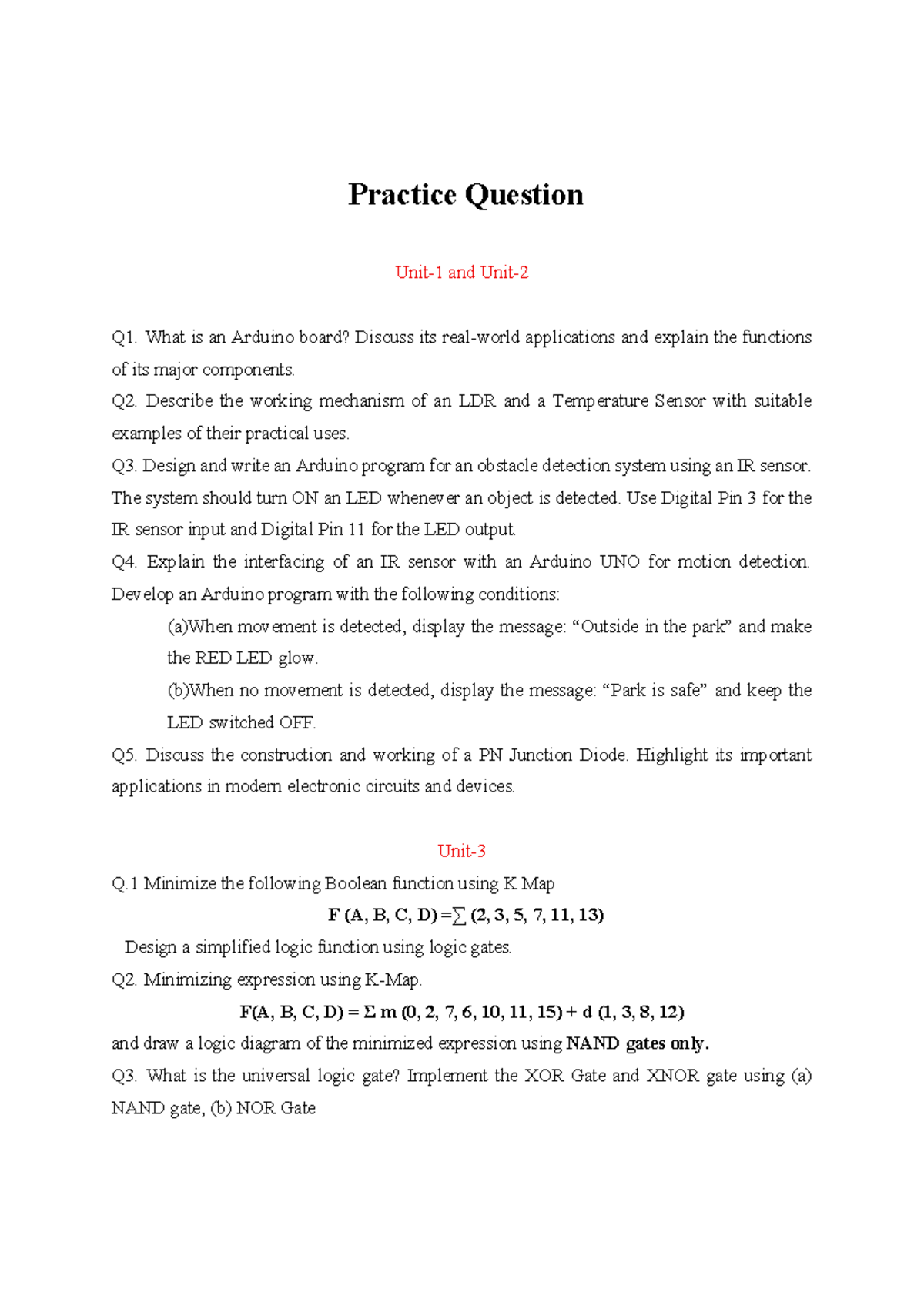 Practice Questions for Arduino & Logic Design (Course Code: EE101 ...