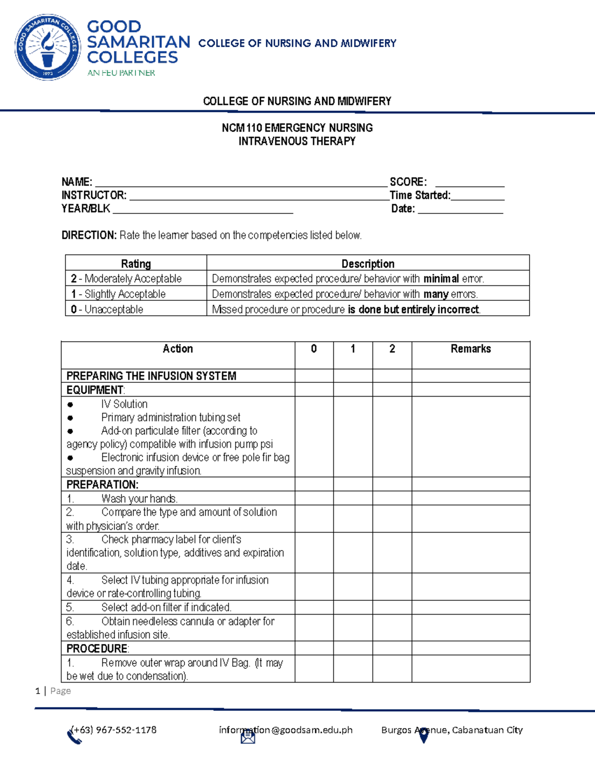 Checklist-IV- Therapy 2 - COLLEGE OF NURSING AND MIDWIFERY NCM 110 ...