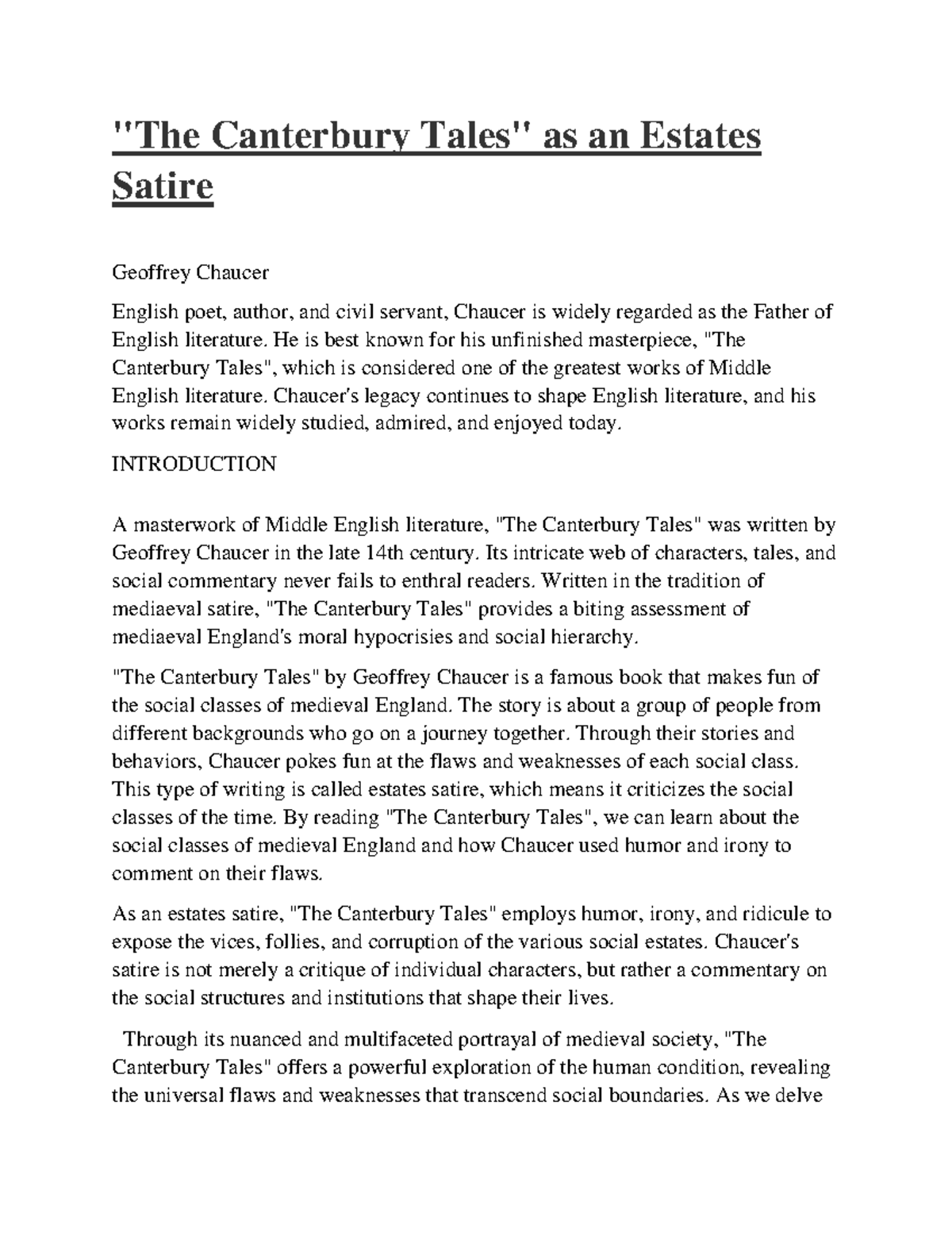 Canterbury Tales - "The Canterbury Tales" as an Estates Satire Geoffrey ...