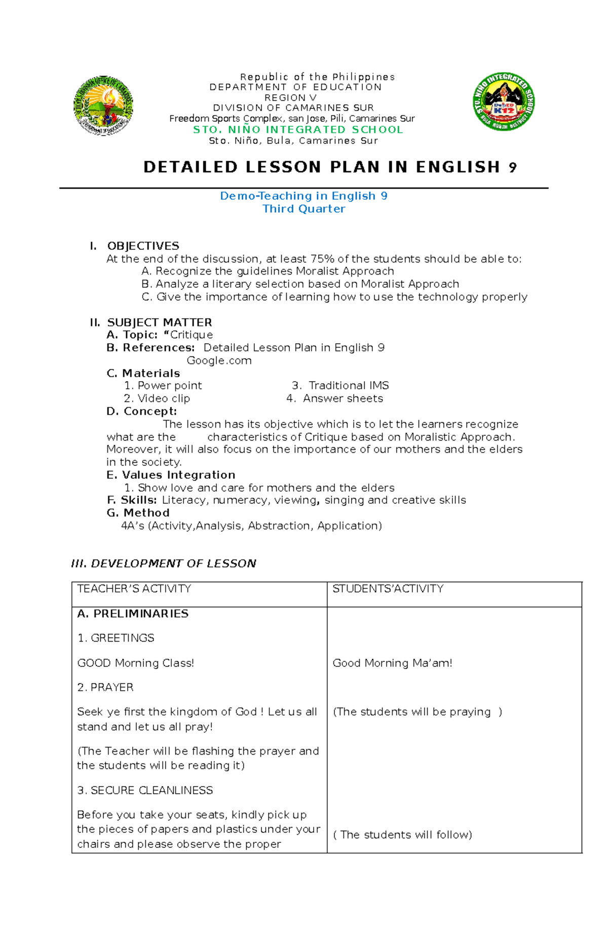 Lesson plan - Critique - R e p u b l i c o f t h e P h i l i p p i n e ...