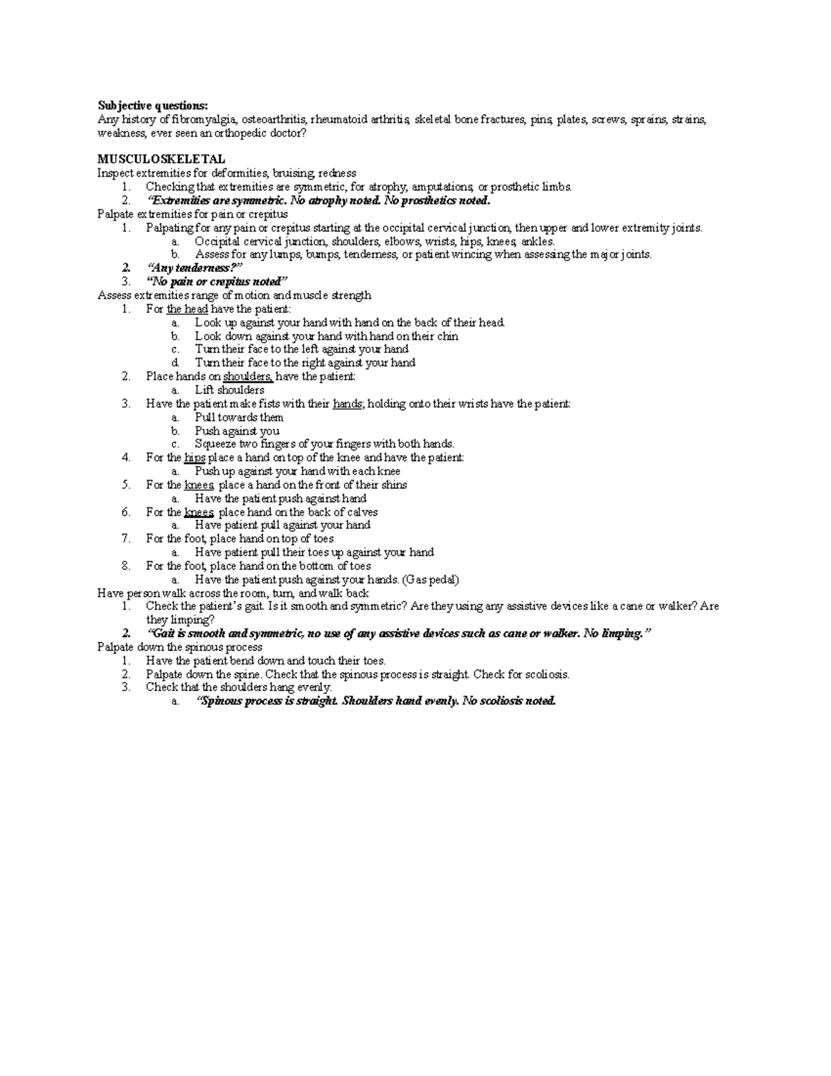 MUSCULOSKELETAL Exam: Subjective Questions & Extremity Assessment - Studocu