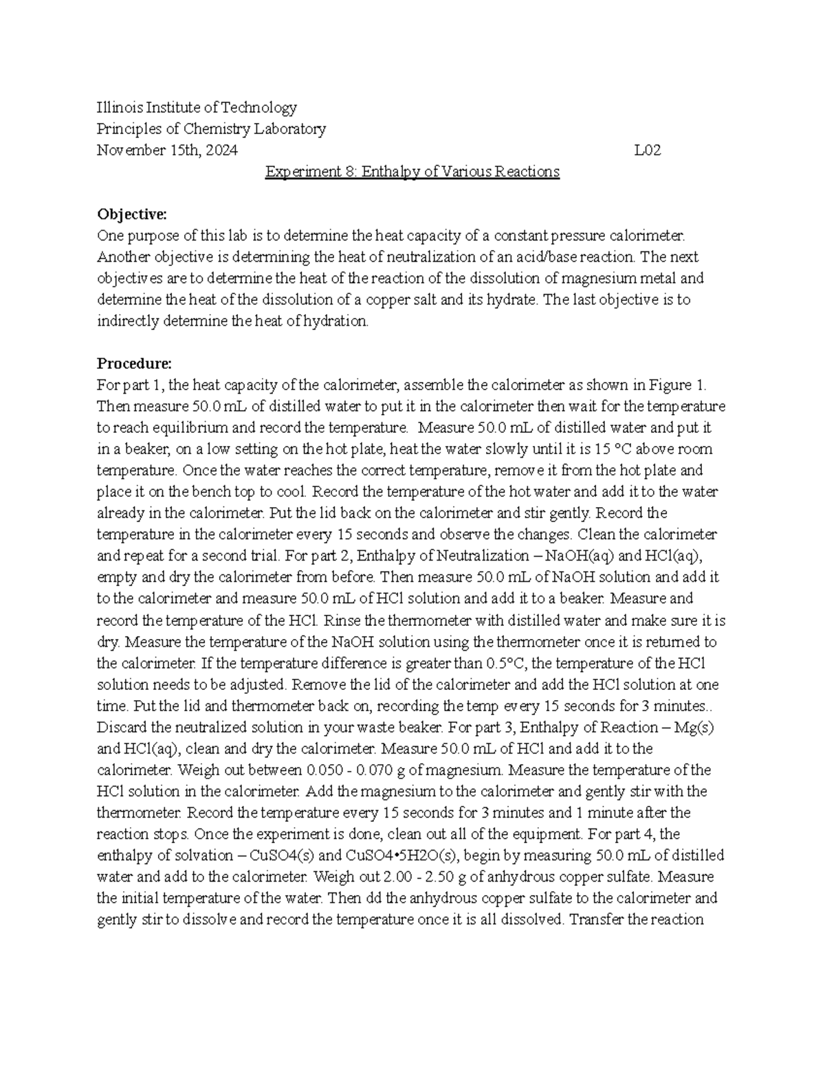 Chem lab 8 - Lab report for chem lab 8 - Illinois Institute of ...