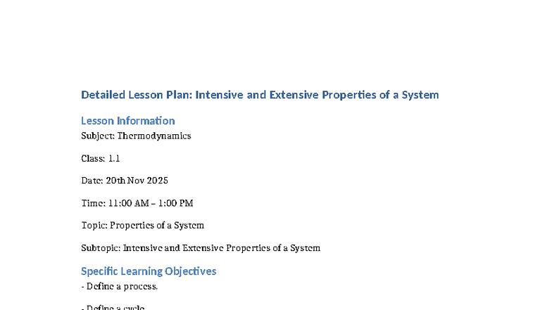 Lesson Plan: Intensive & Extensive Properties in Thermodynamics 1.1 ...