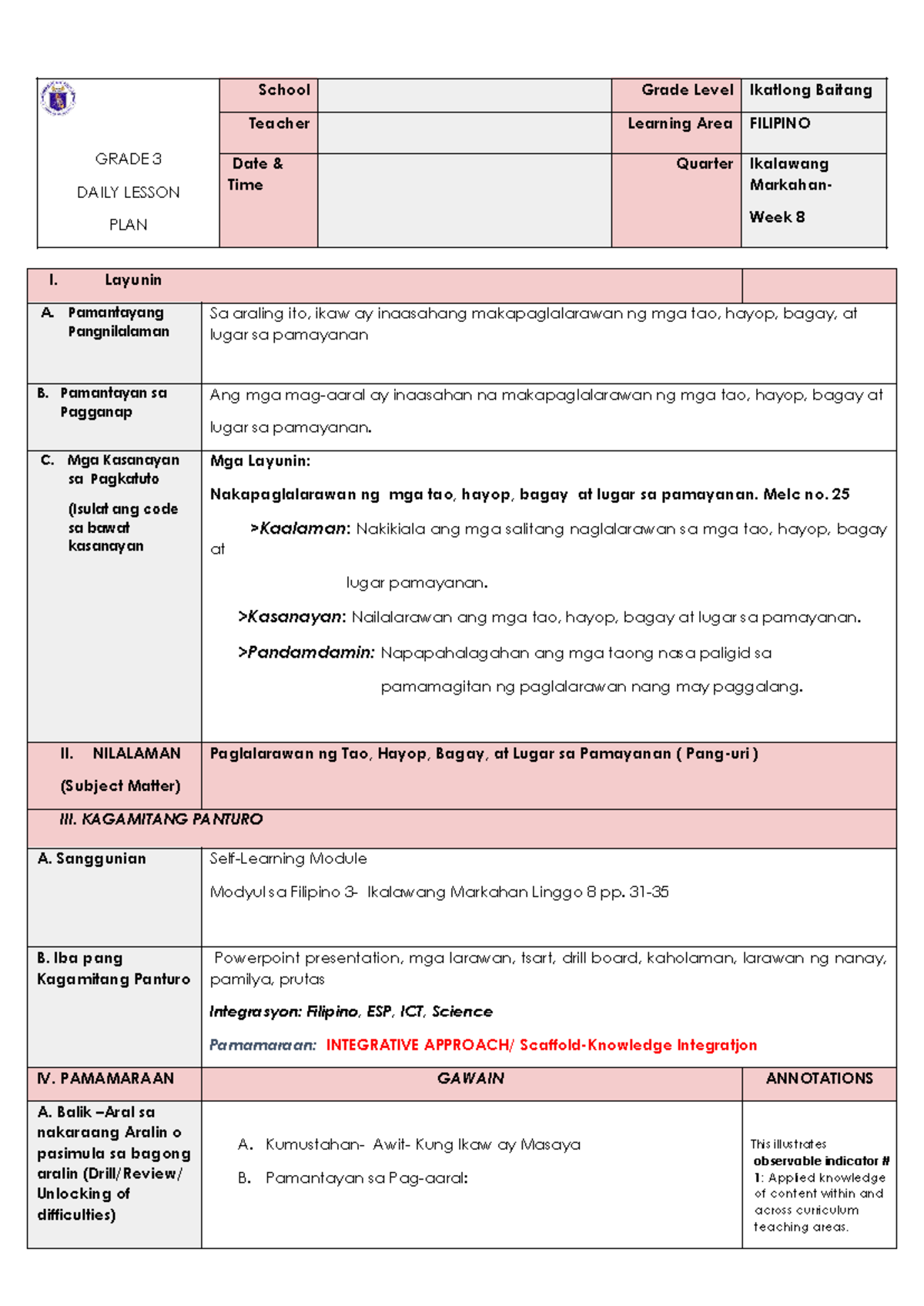 COT-Filipino 3 Q2 W8 - Sample Lesson Plan on Describing Community ...