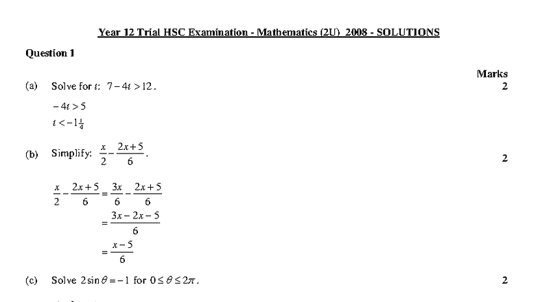 2008 HSC Mathematics (2U) Trial Exam Solutions - Studocu
