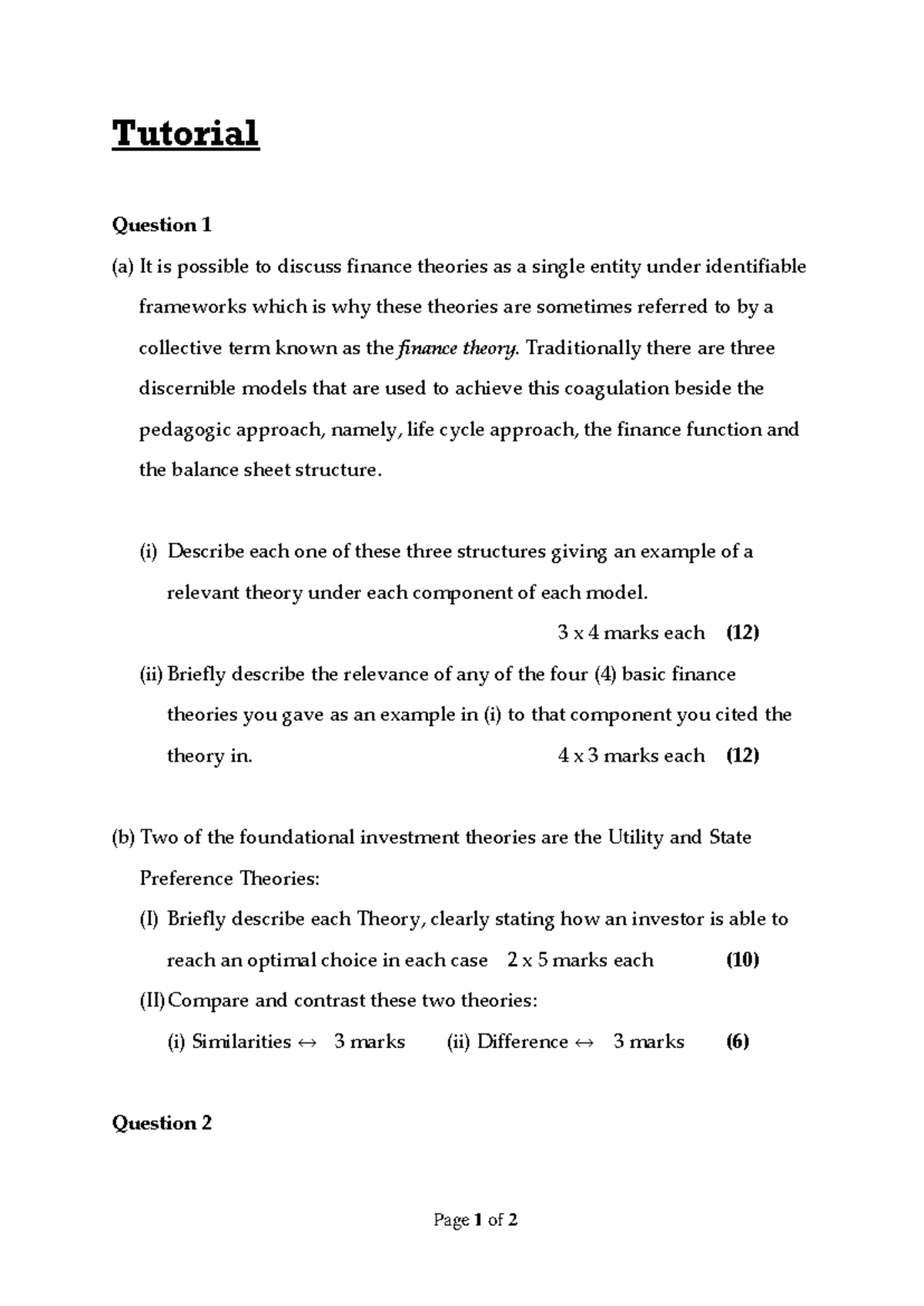 FIN 400 Test 1 Tutorial - fin 400 - Page 1 of 2 Tutorial Question 1 (a ...