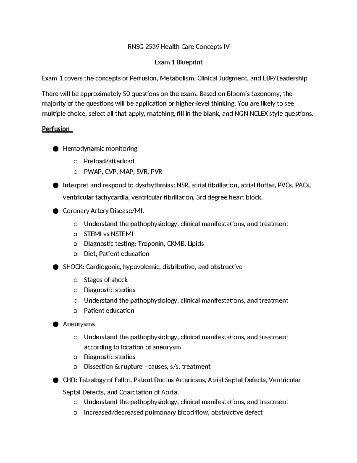 RNSG 2539 Health Care Concepts IV Exam 1 Blueprint Overview - Studocu