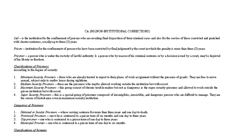 CA 200 CORRECTIONS: Overview of Jail and Prison Classifications - Studocu