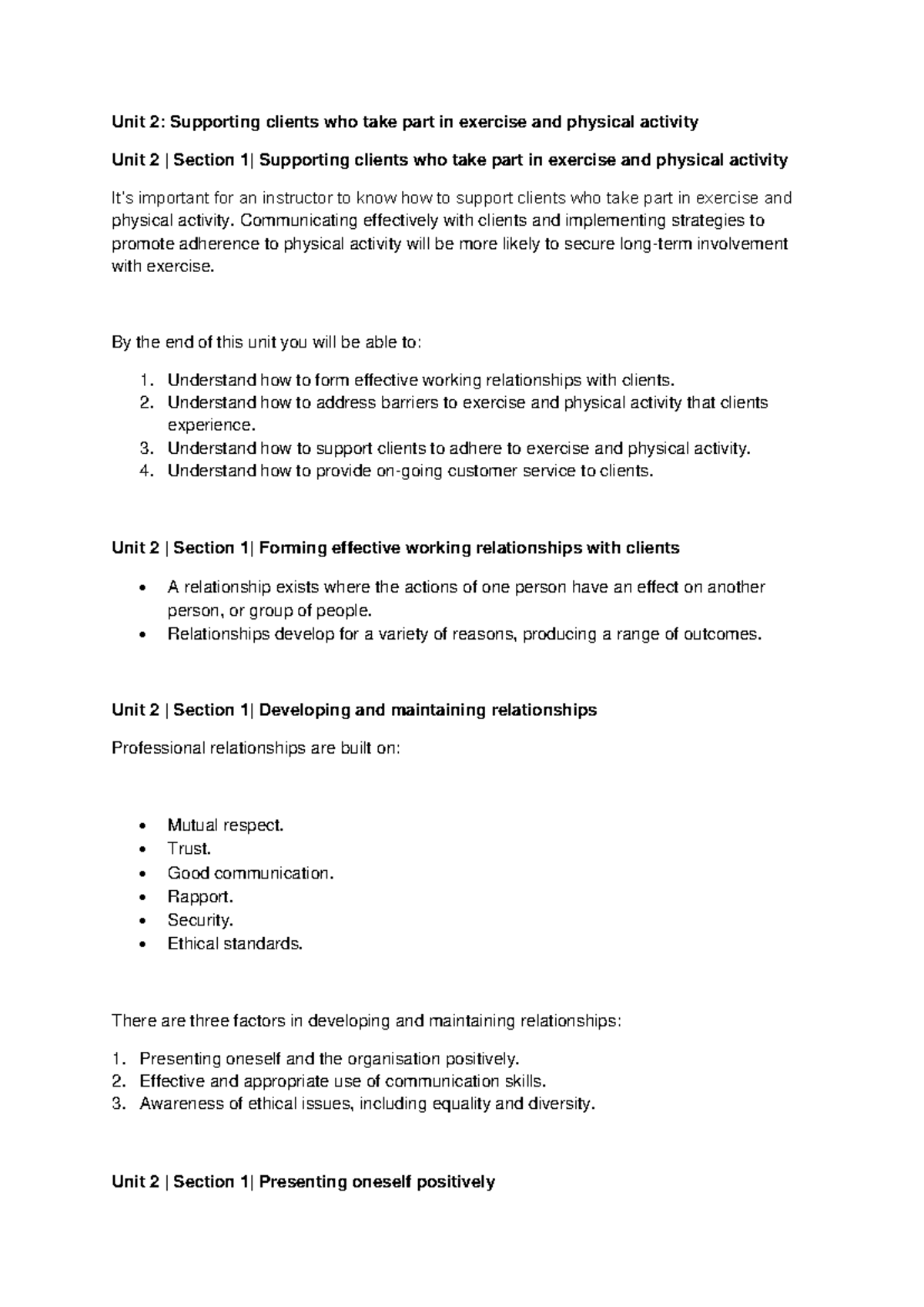 L2 Unit 2: Supporting Clients in Exercise & Physical Activity Notes ...