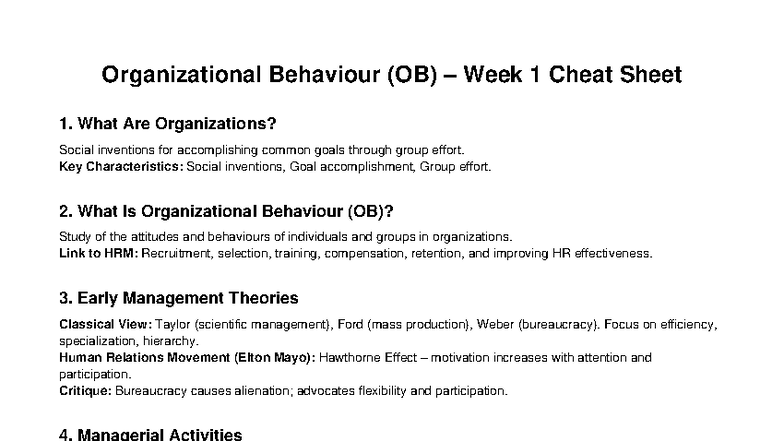 Organizational Behaviour (OB) Week 1 Study Notes: Key Concepts ...