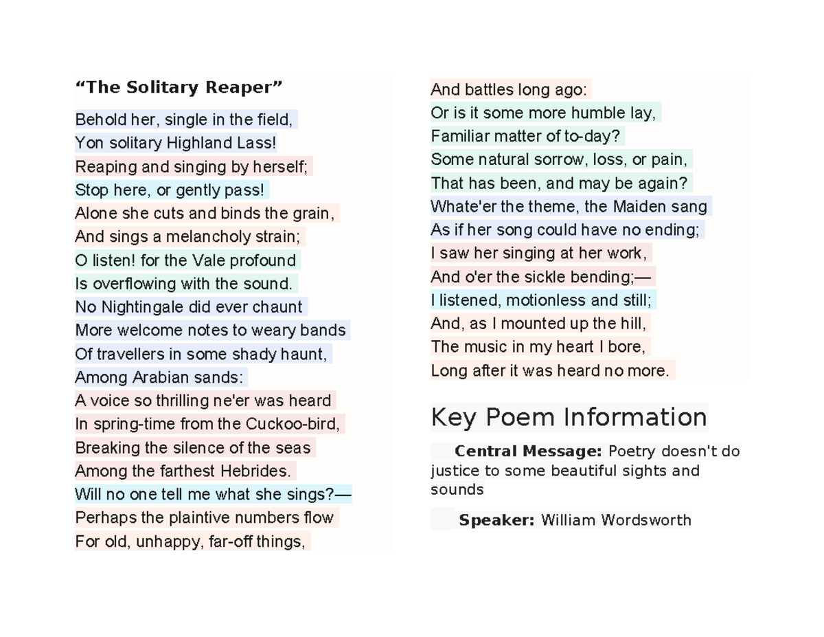 The Solitary Reaper - “The Solitary Reaper” Behold her, single in the ...